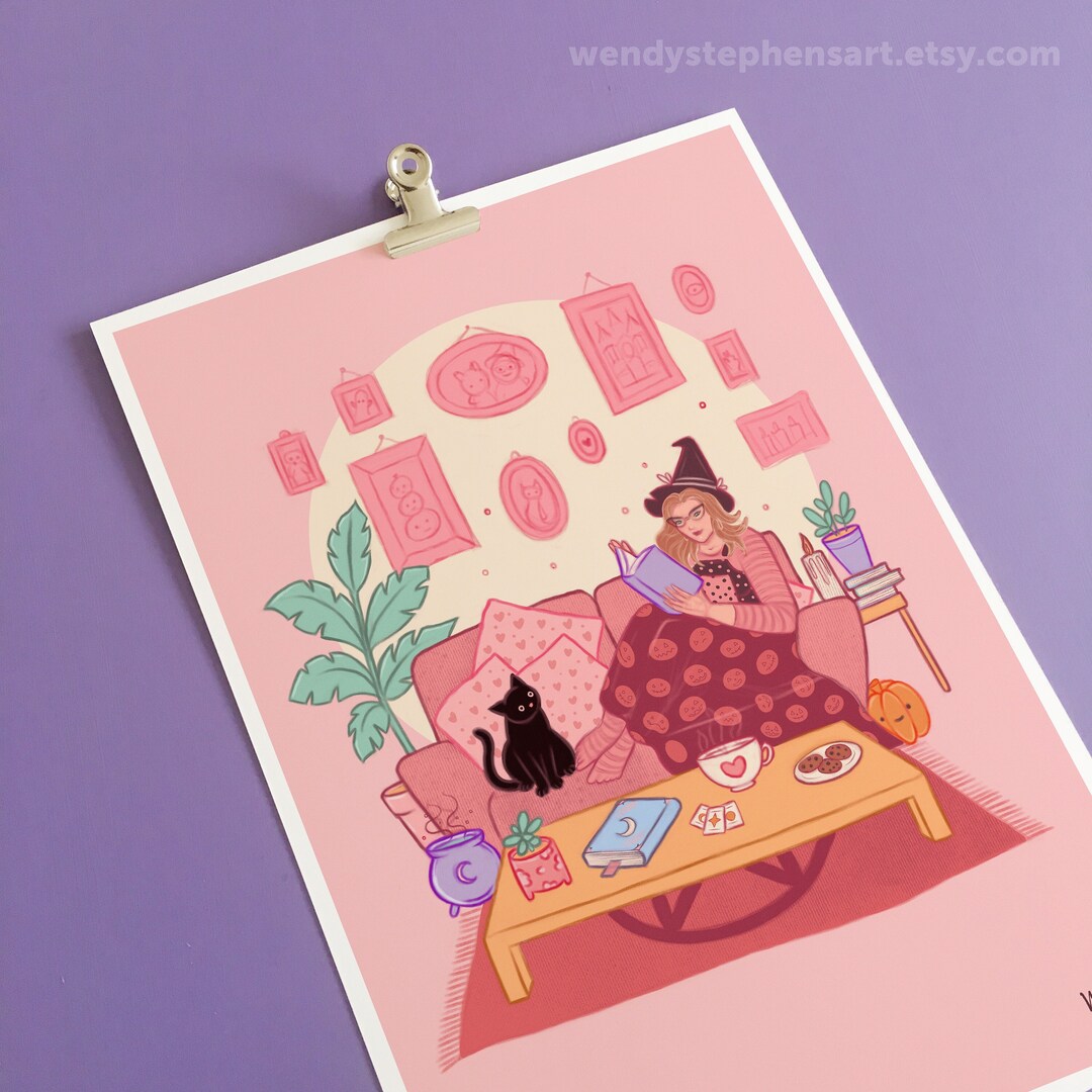 Cute Witch on Sofa Art Print, Pastel Witchcraft Decor, Gothic Home ...