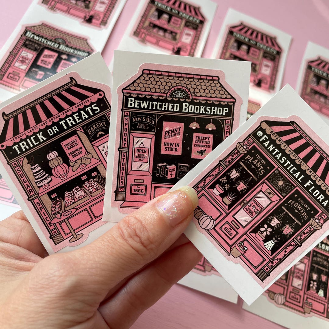 Spooky Shops Sticker Set, Pink Witch Gothic Bakery, Bookshop, Plant ...