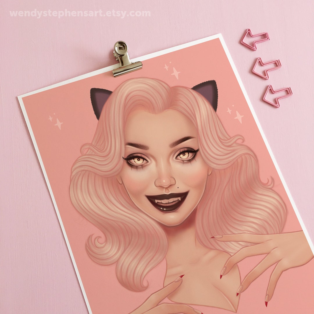 Goth Pin Up Girl Art Poster Claws Out Cat Girl Print Gothic Home Decor Spooky Horror Decor Etsy