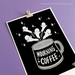Mourning Coffee Ghost Print, Goth Kitchen Wall Art and Spooky Gifts for ...