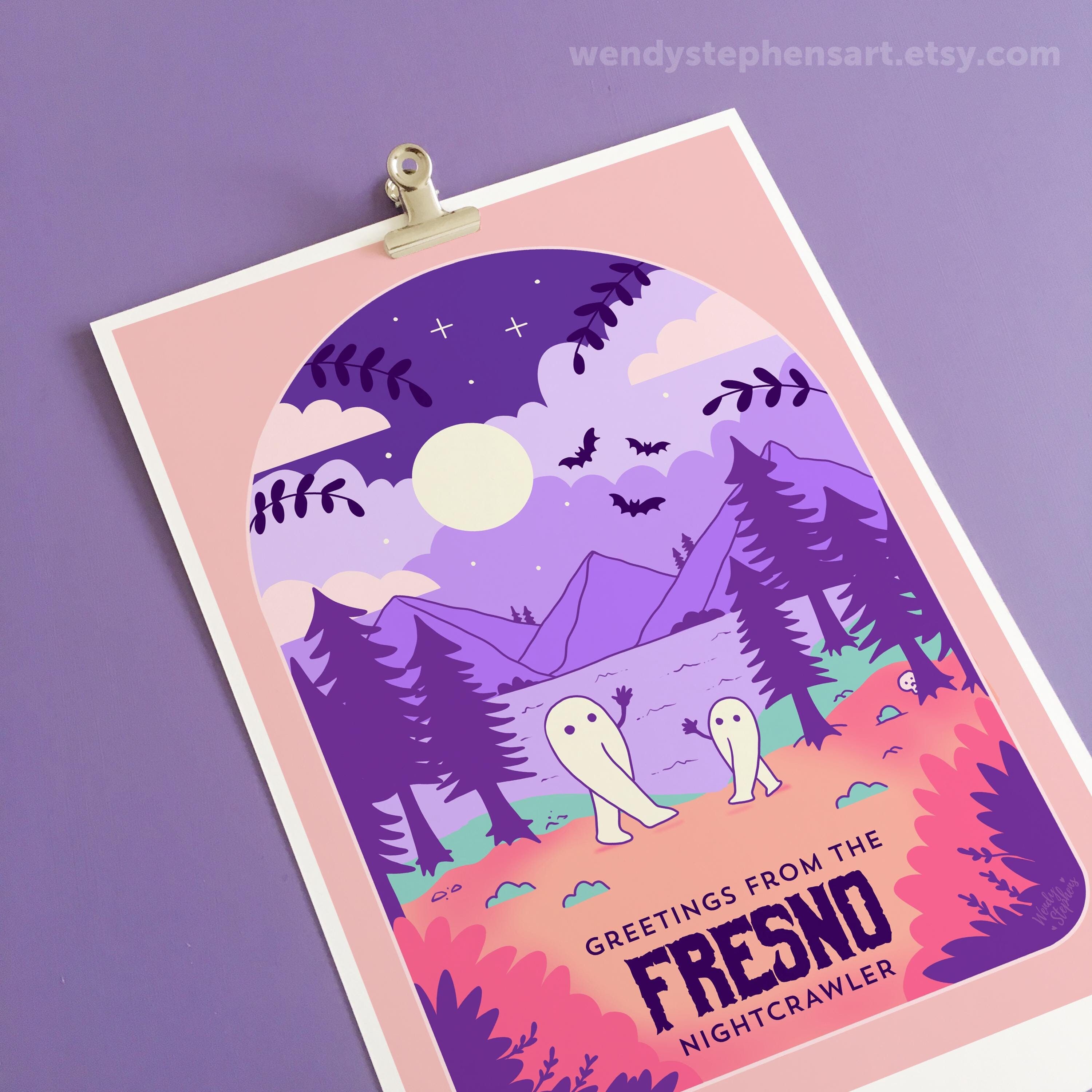 Visit Fresno Nightcrawler Art Print, Retro Cryptid Travel Poster and ...