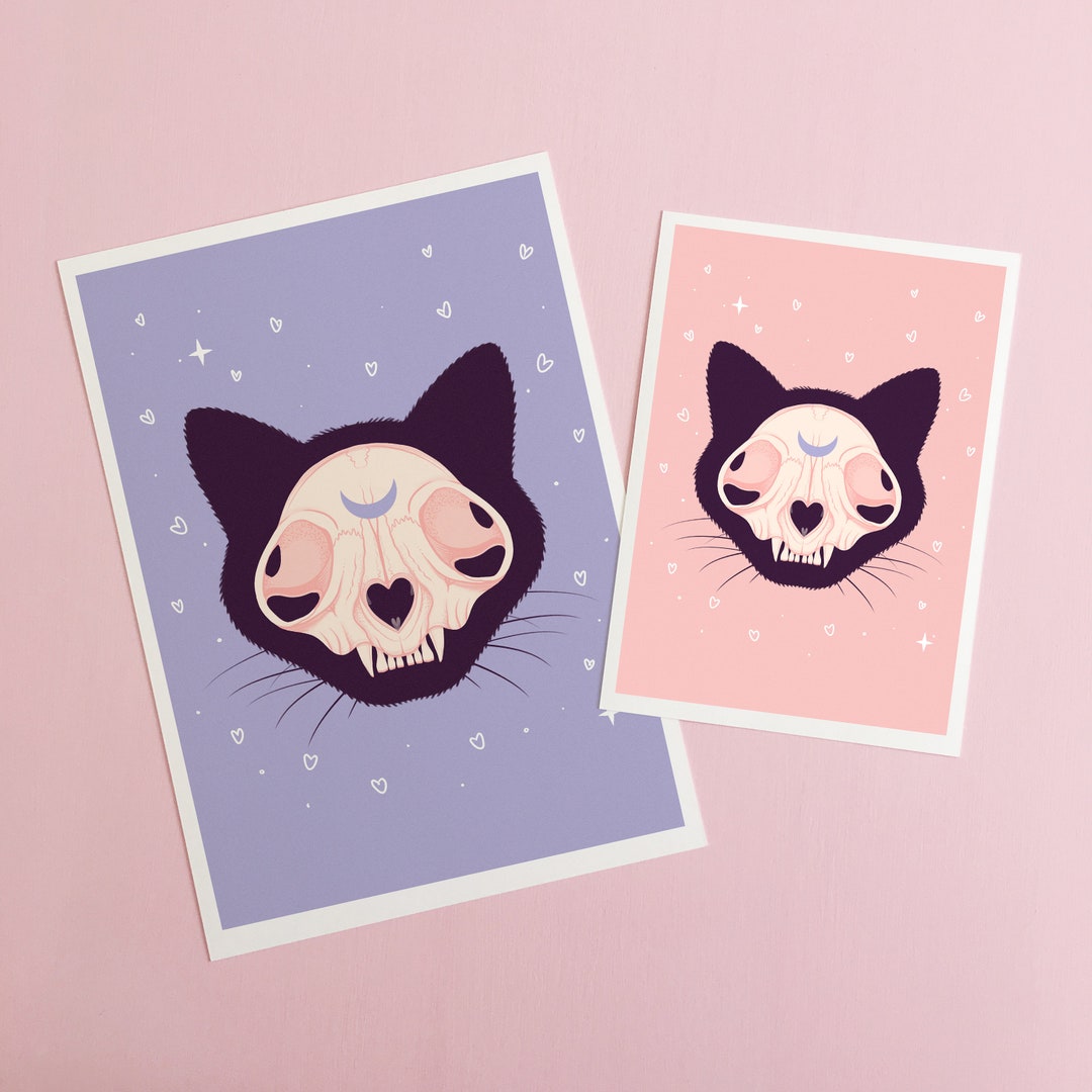 Pastel Goth Decor, Cat Skull Art Print, Pink Purple Horror Wall Art - Etsy