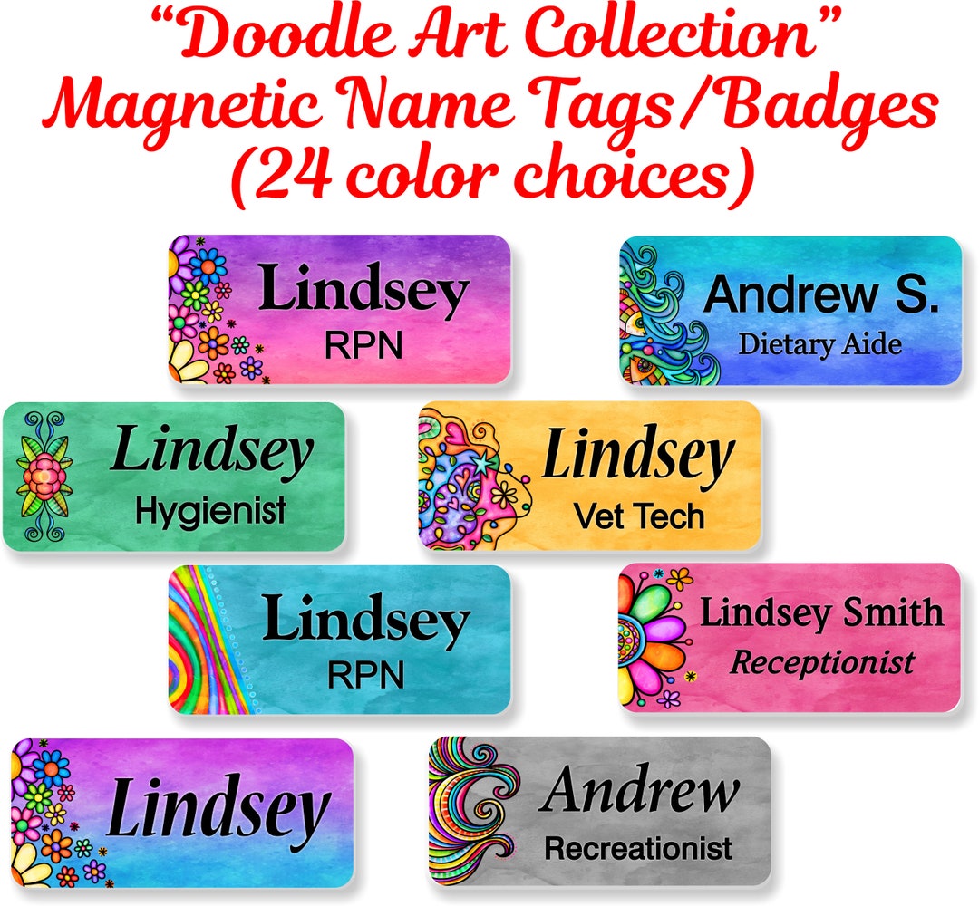 Doodle Art Name Tag, Name Badge, Personalized Custom ID Tag, Magnetic ...