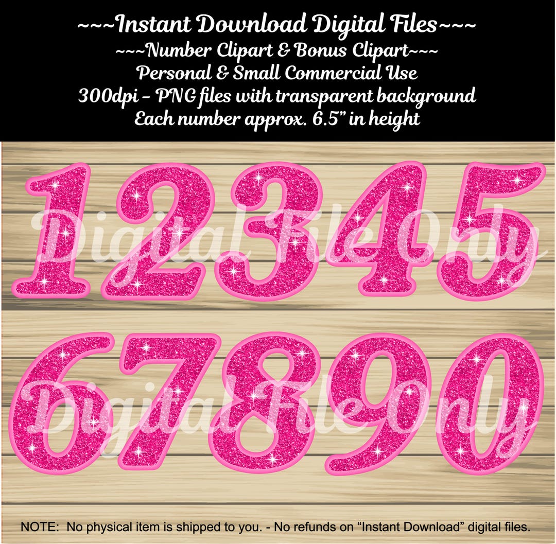 Pink Glitter Number Clipart, Sublimation PNG, PNG Clipart/graphics , B ...