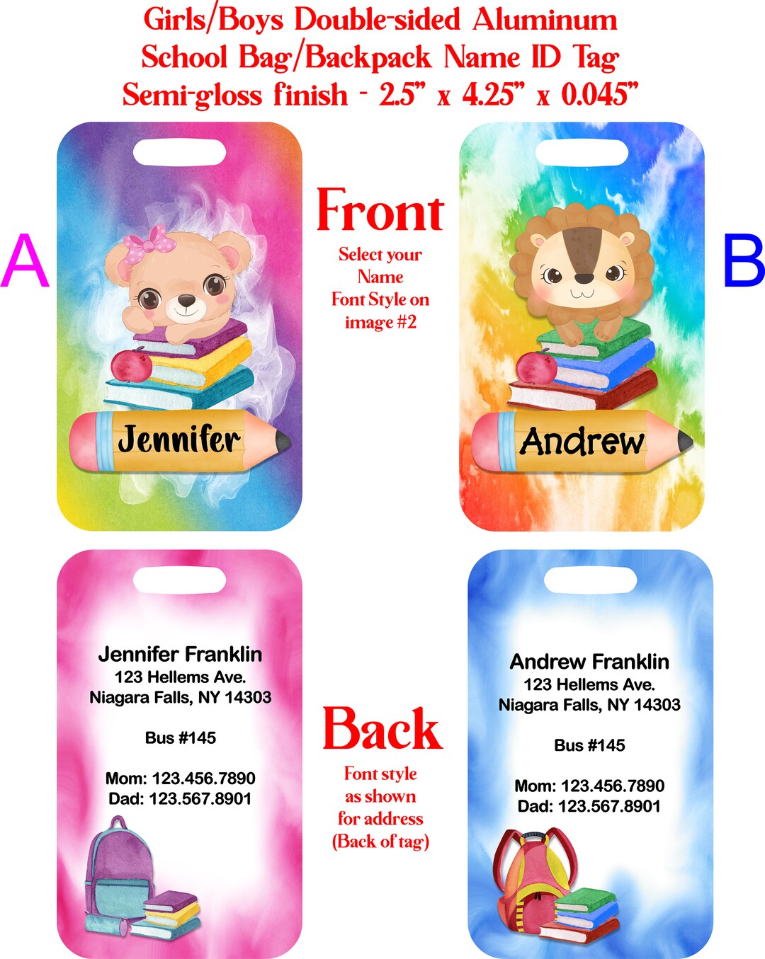 School Bag Personalized ID Tag, Boy or Girl Bag Tag, Backpack Tag ...