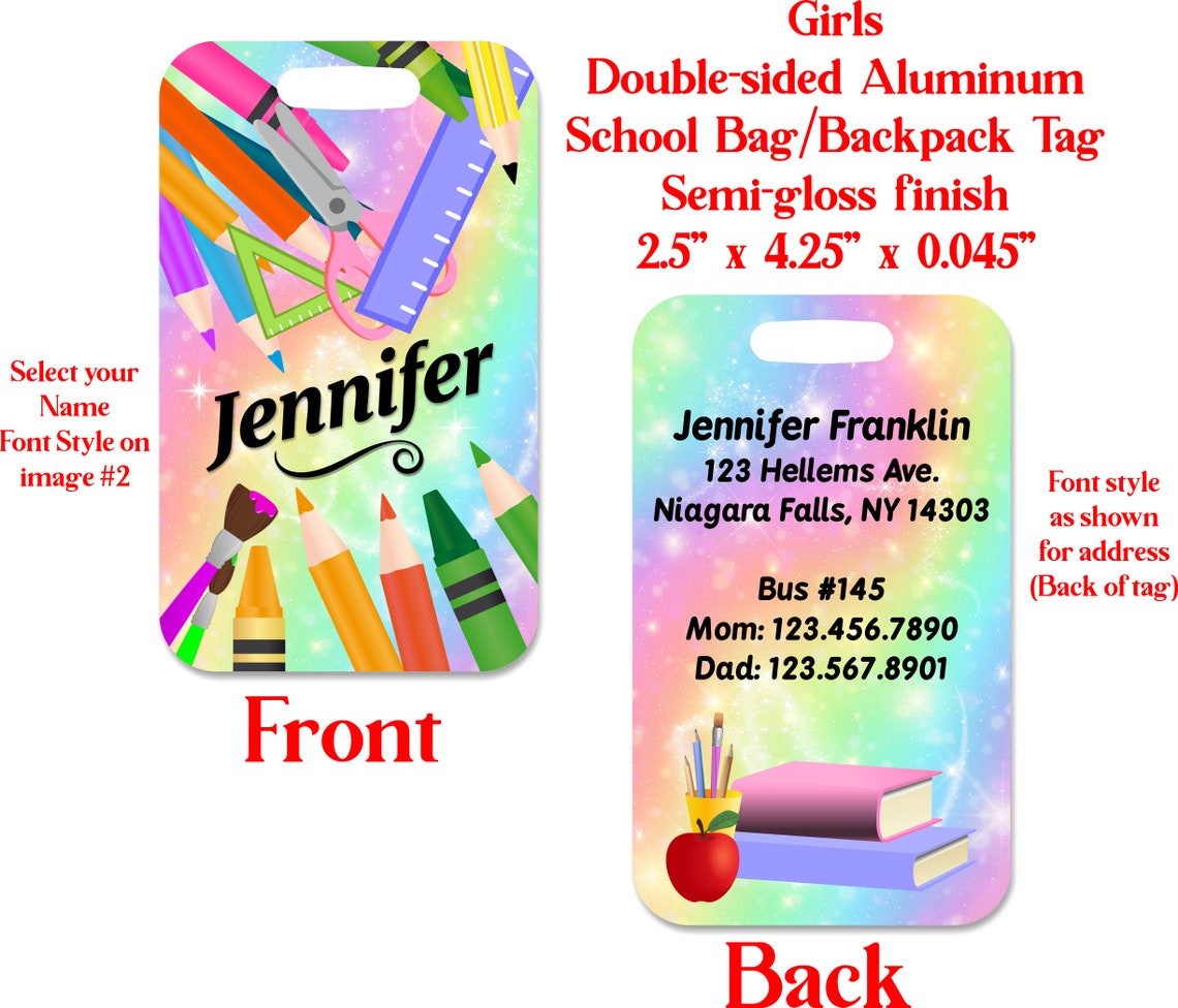 Personalized Girls School Bag Name Tag Backpack Tag Aluminum | Etsy