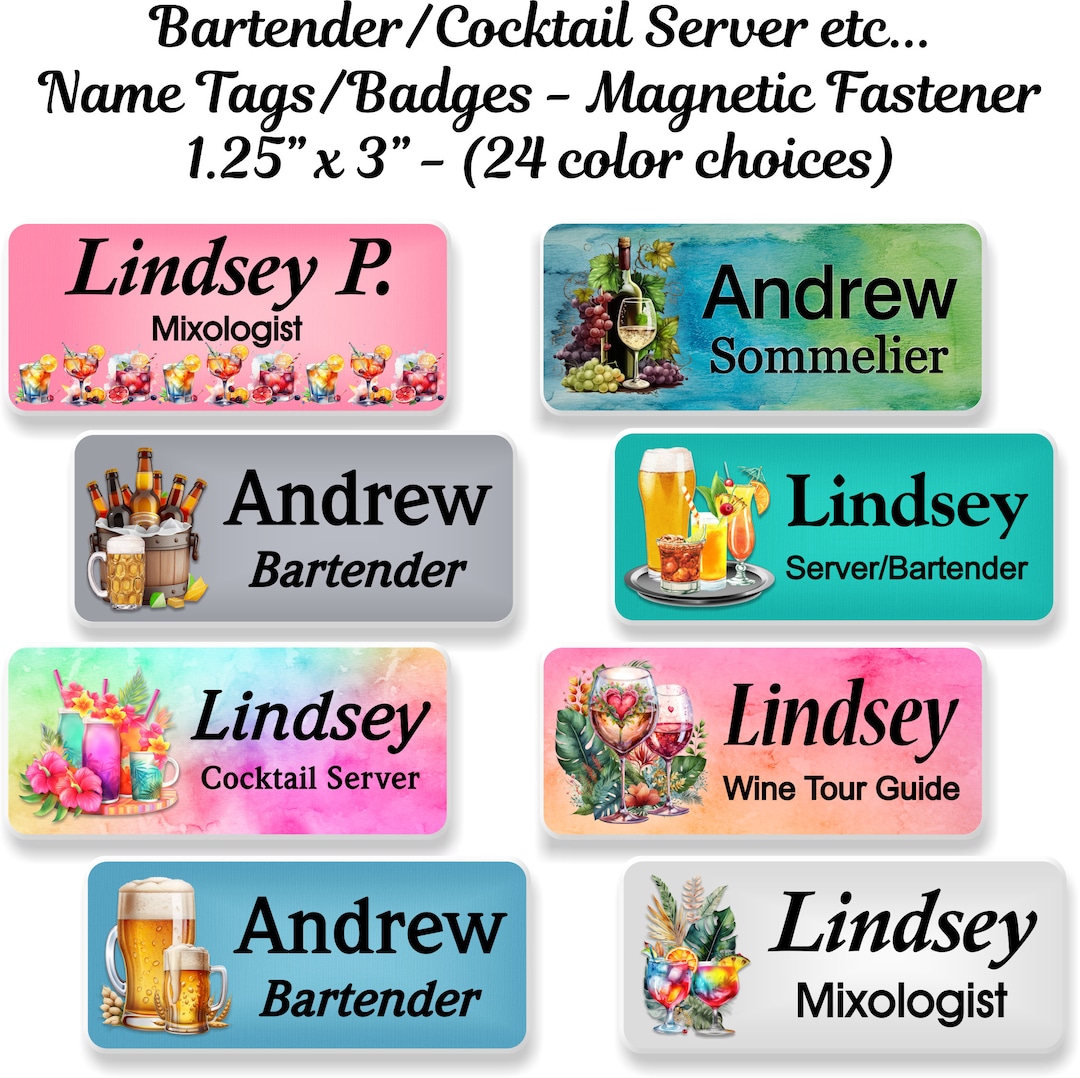 Bartender Name Tag, Cocktail Server Name Badge, Personalized Custom ID ...