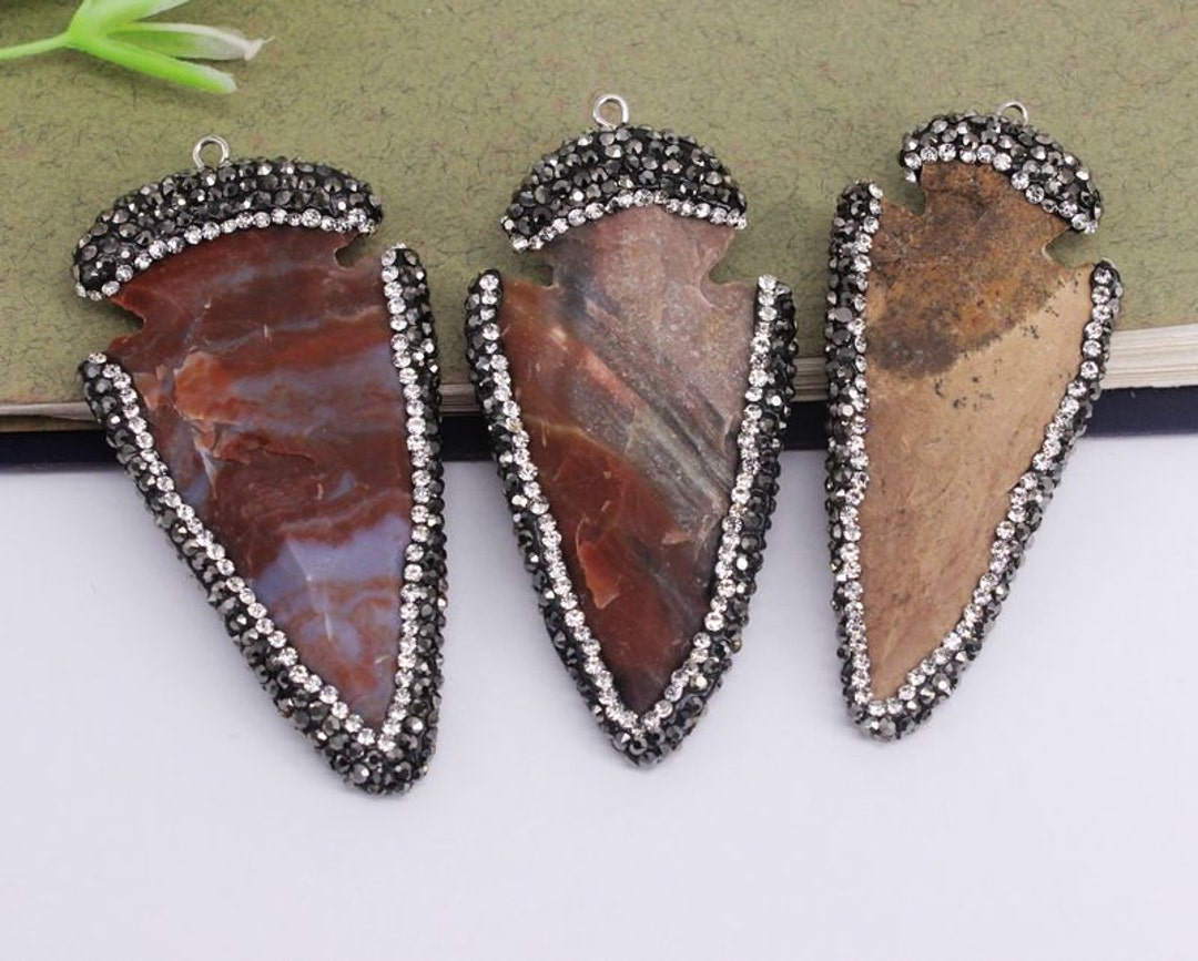 3-5pcs Natural Jasper Arrow Shape Pendant,with Crystal Rhinestone ...