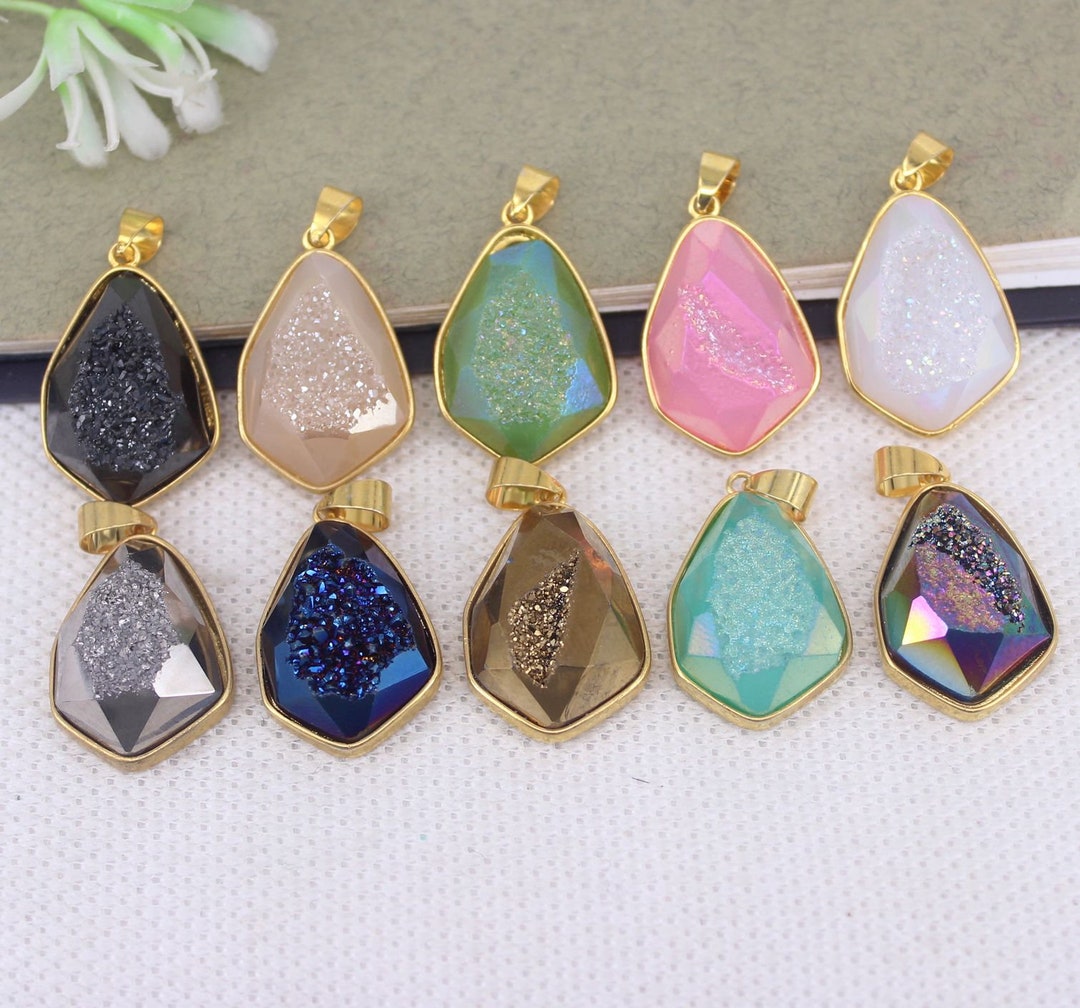 5pcs Titanium Agate Quartz Drop Pendants, Gold Plated Gemstone Druzy ...