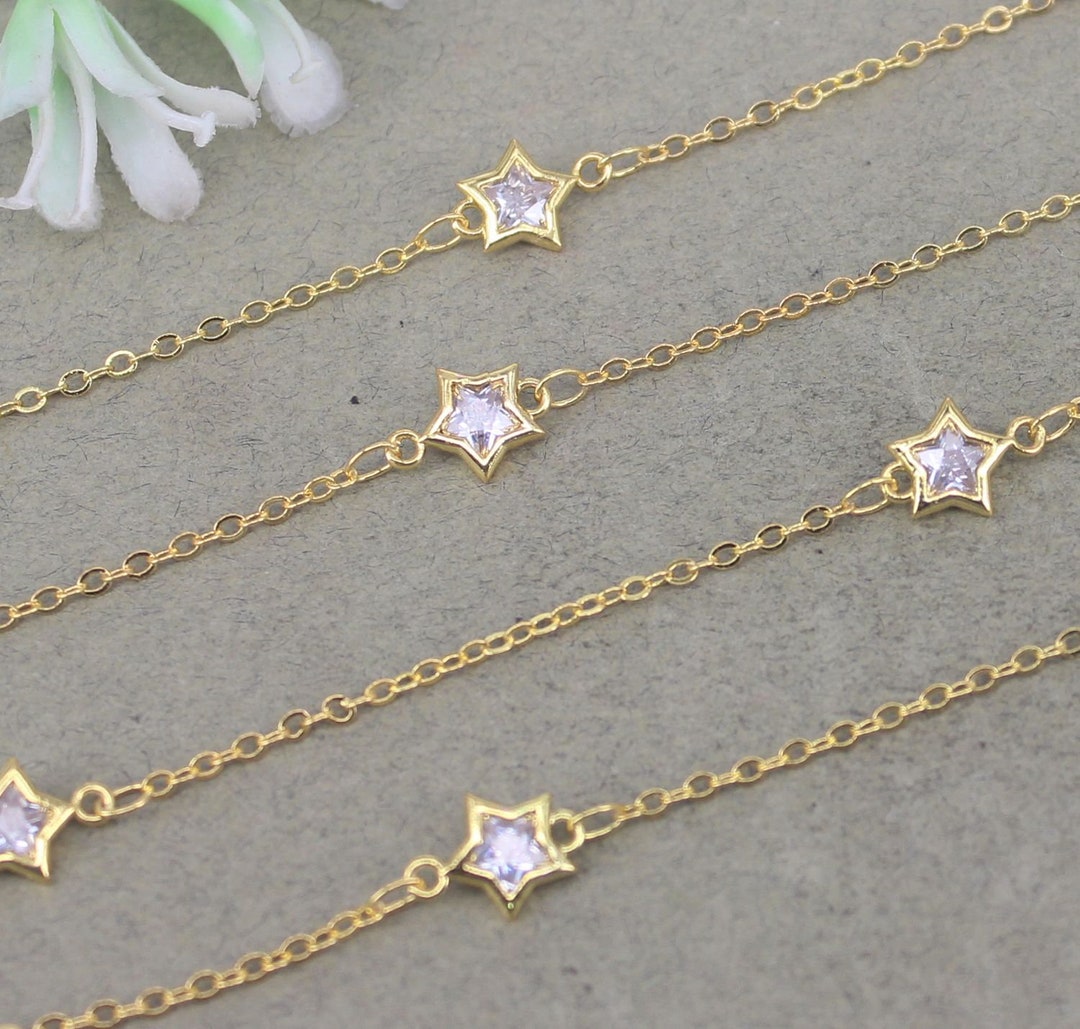 1/3/5 Meter Cubic Zirconia Star Connector Beaded Chain, Gold Plated ...