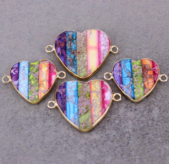 5ps Neon Rainbow Jasper Stones Heart Connector Beads for | Etsy