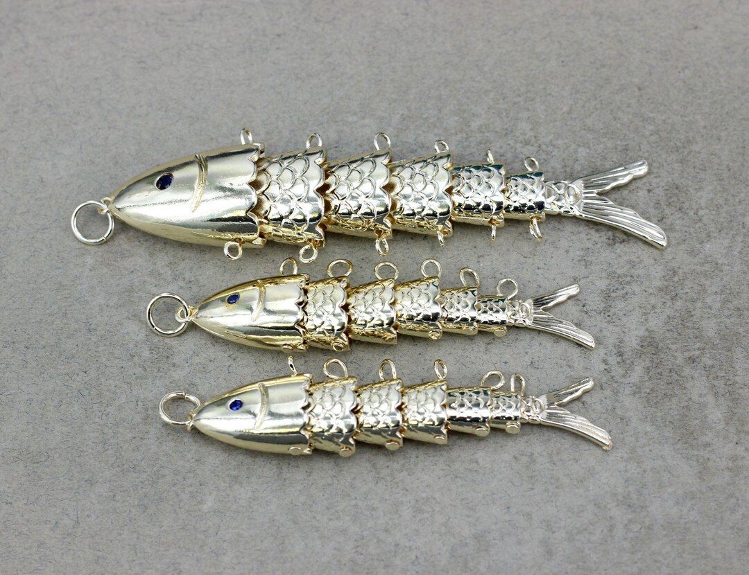 5pcs 2 Size 3D Movable Fish Pendants, Gold Vintage Articulated Fish ...
