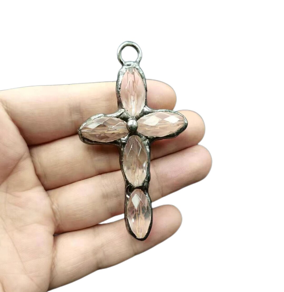 5pcs Handmade Soldered Iridescent Glass Crystal Cross Necklace Pendant ...
