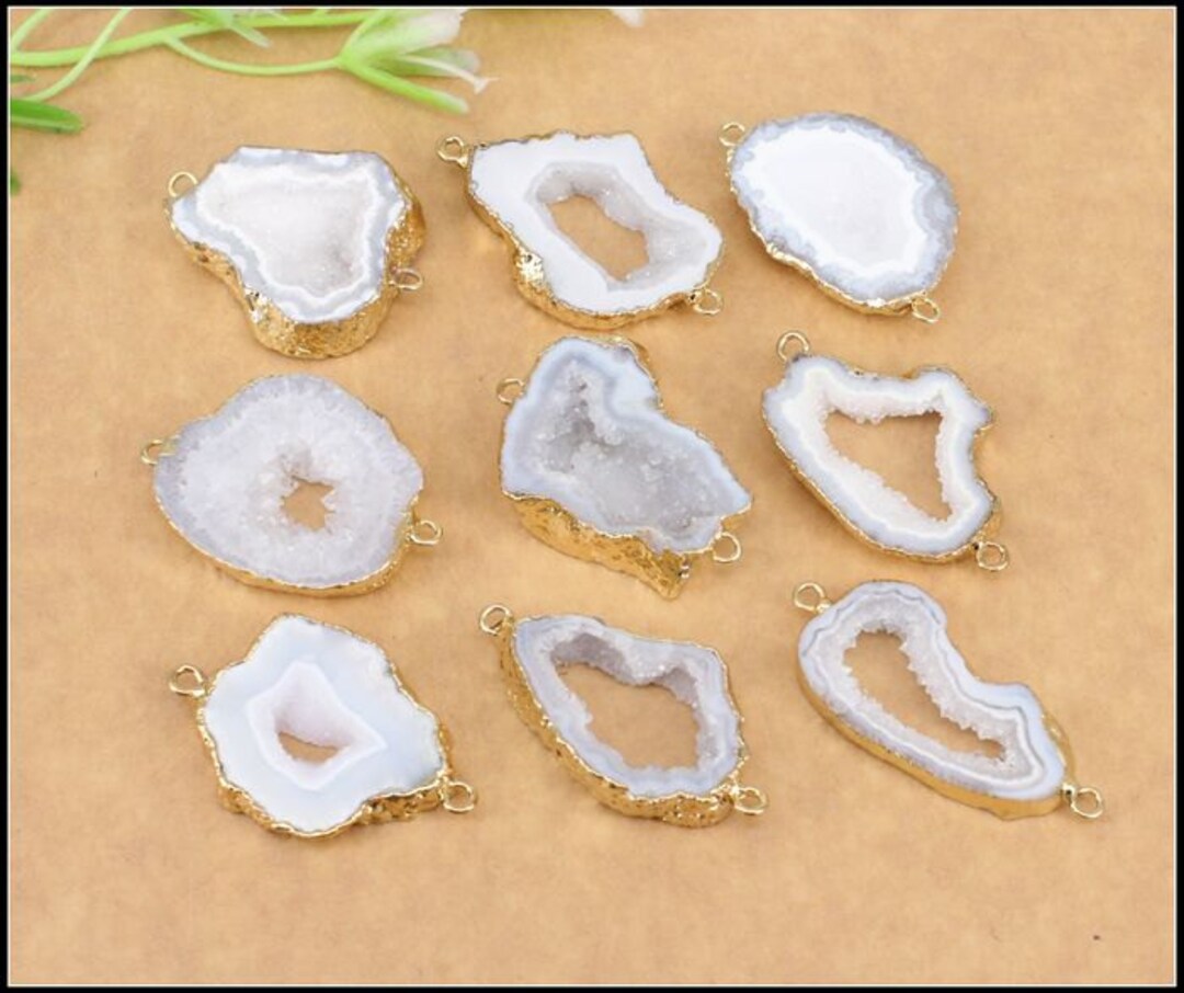 5pcs Freeform Natral Druzy Geode Agate Slice Connectors, Gold Plated ...