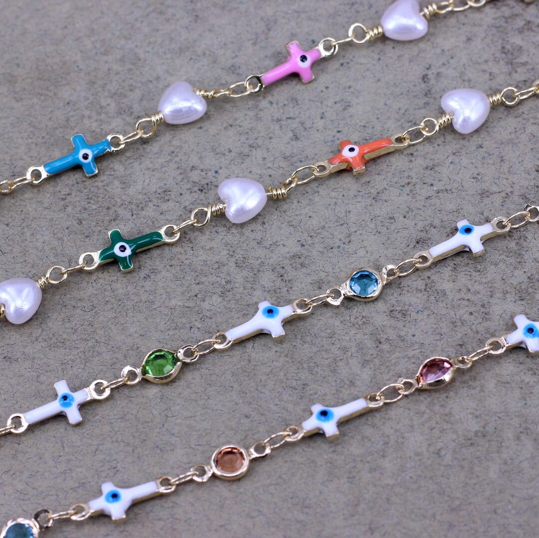 5 Meter Gold Plated Enamel Evil Eye Cross Link Chain, Heart Shape ...