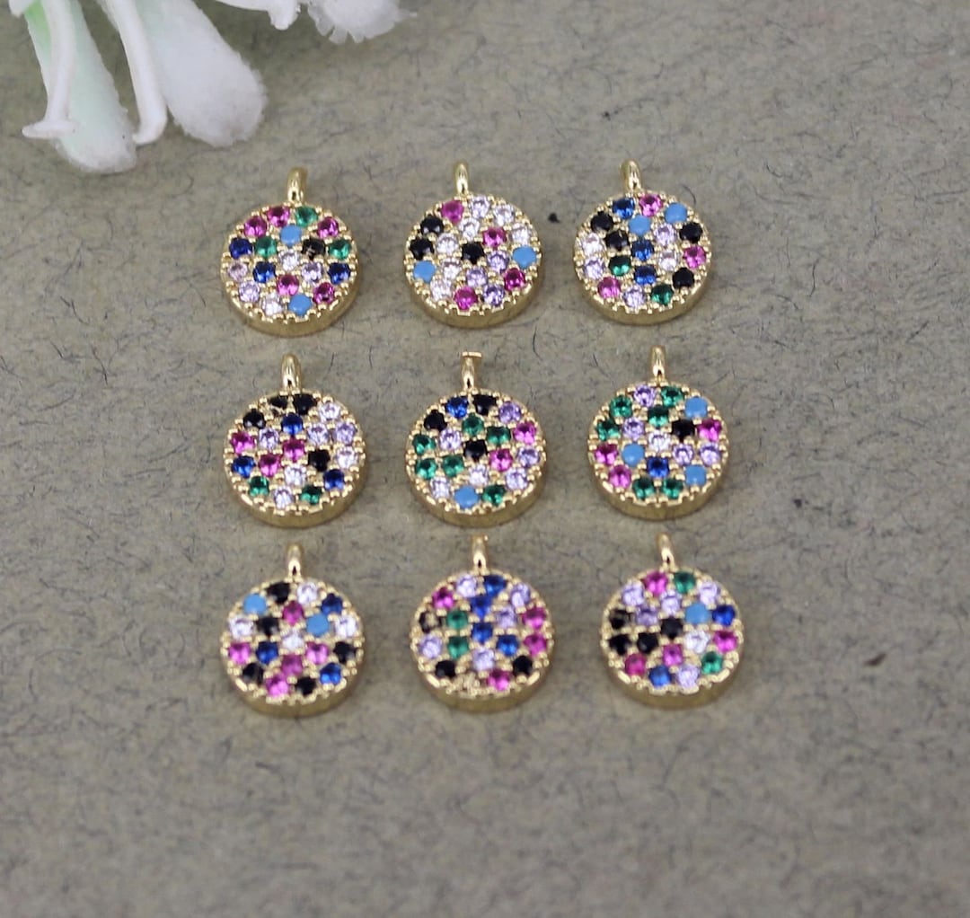 10pcs Small Size Gold Metal Copper Micro Pave CZ Round Charms for ...
