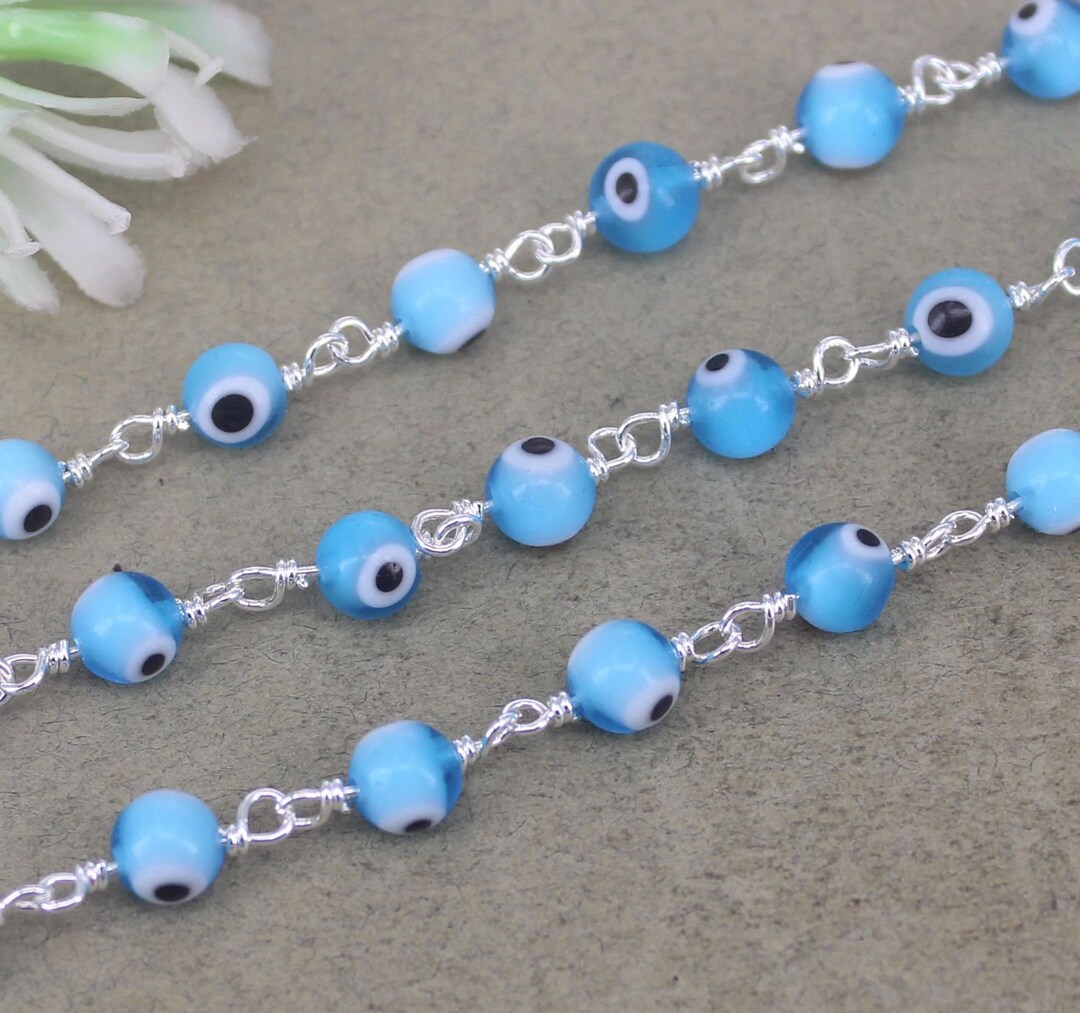 1/3/5 Metre Silver Plated Turkish Evil Eye Rosary Chain, Round Glass ...