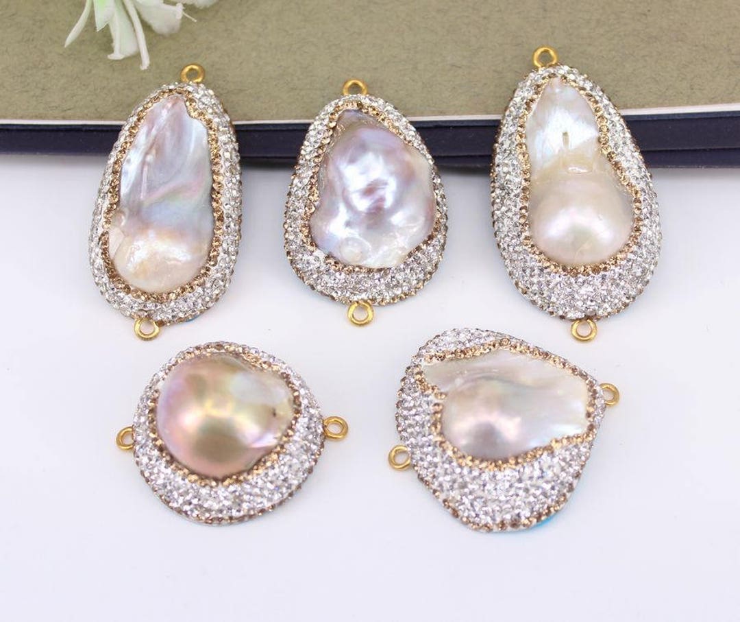 5pcs Baroque Pearl Connector Charm With White Rhinestone Paved, Natural ...