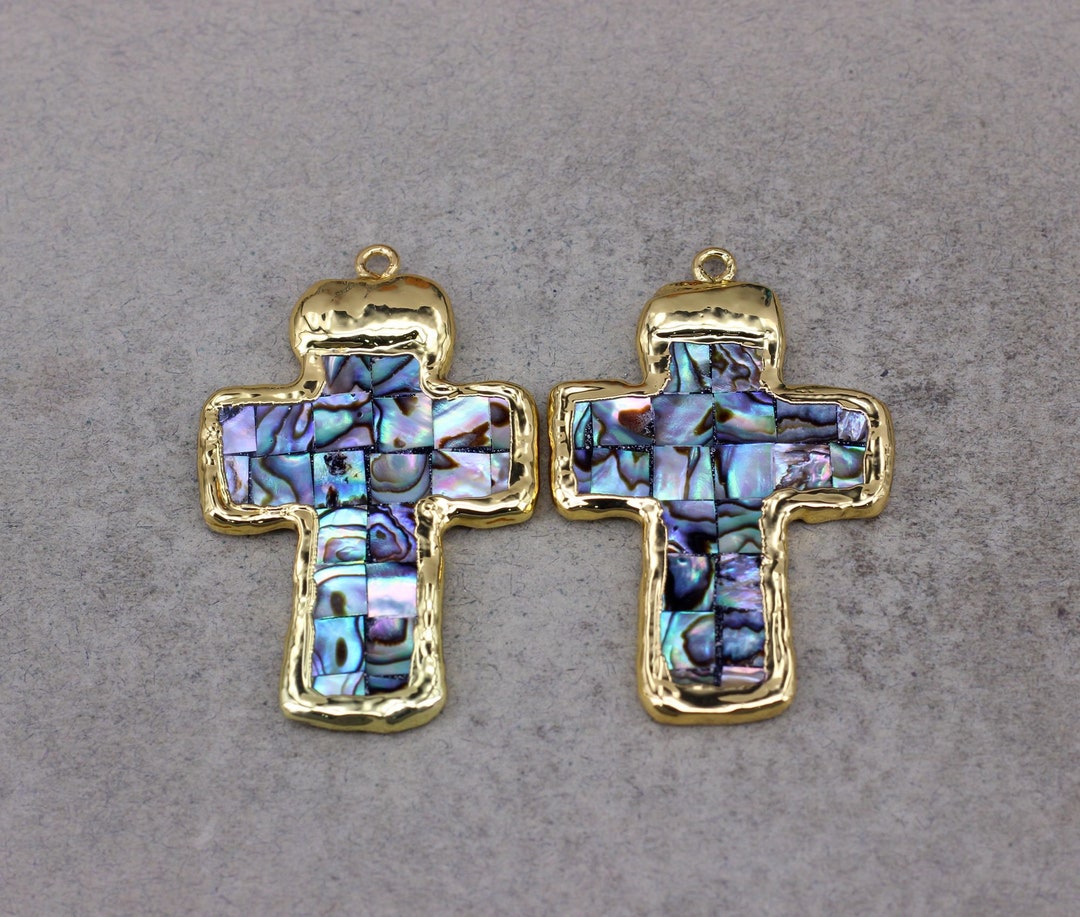 3pcs Gold Plated Edged Abalone Shell Cross Pendant, Mosaic Paua Shell ...