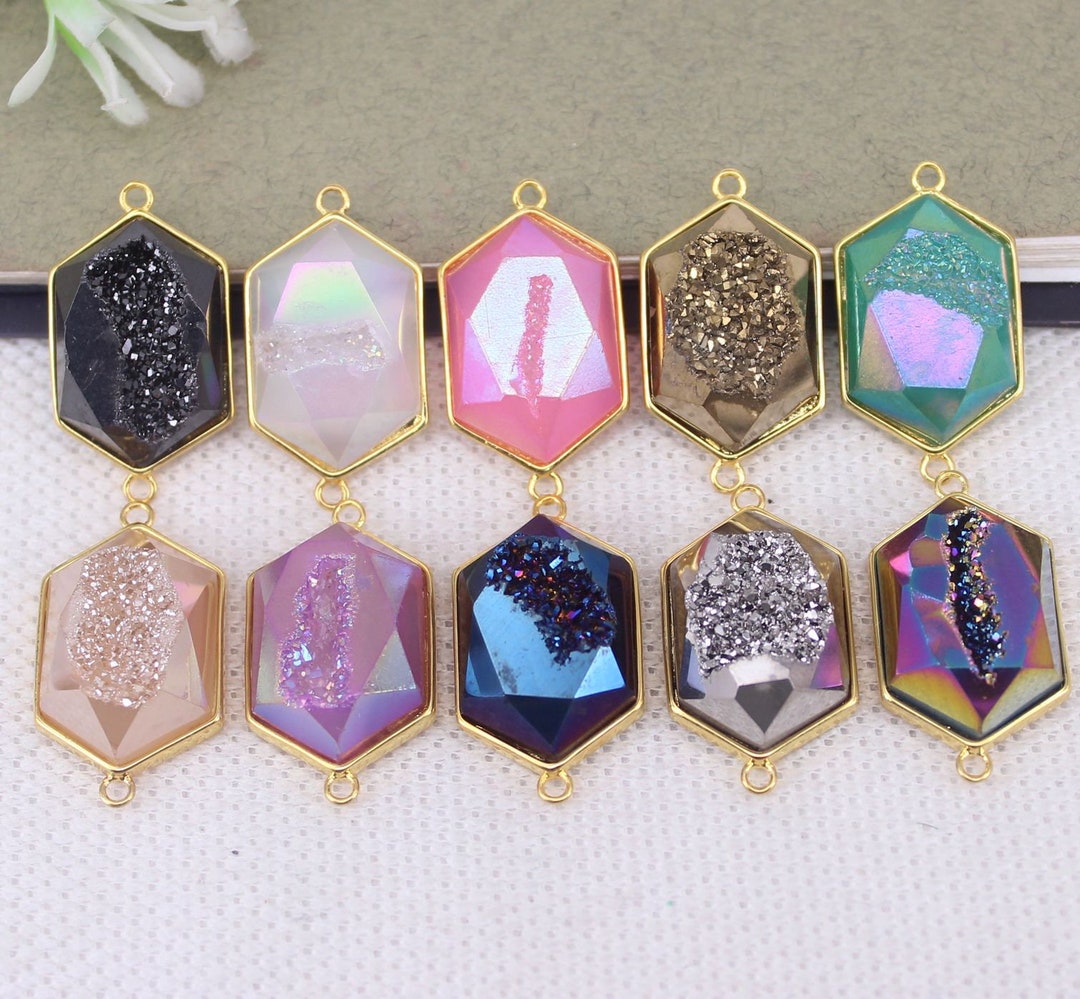 5pcs Titanium Agate Quartz Hexagon Connector Beads,charm Gemstone Beads ...