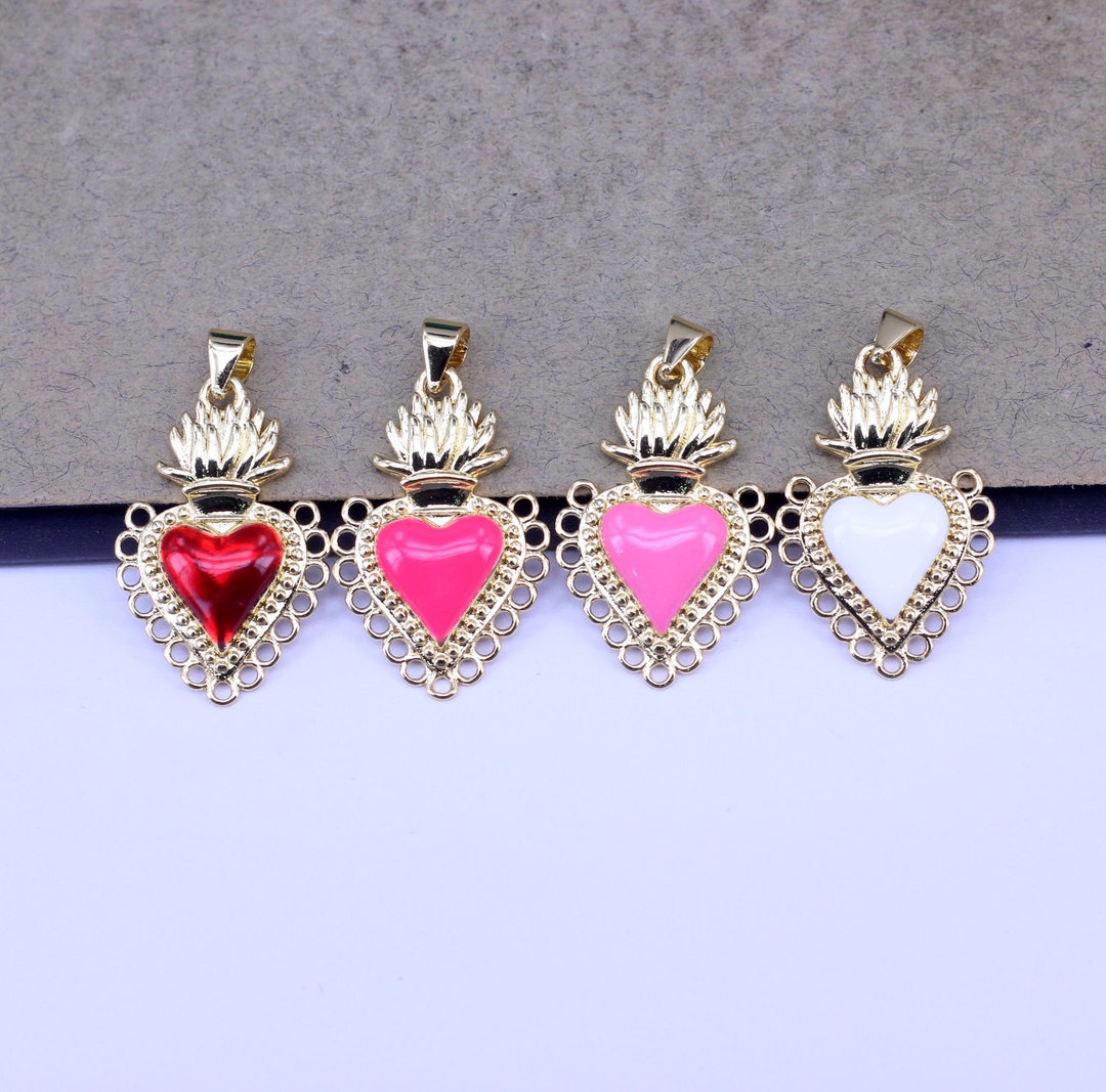 10pcs Dainty Enamel Flame Sacred Heart Charms, Gold Flaming Heart ...