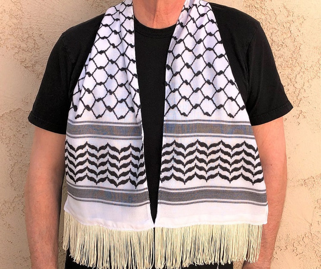 Middle Eastern Black and White Keffiyeh Scarf; Shemagh Fringed Scarf ...