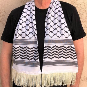 Middle Eastern Black and White Keffiyeh Scarf; Shemagh Fringed Scarf ...
