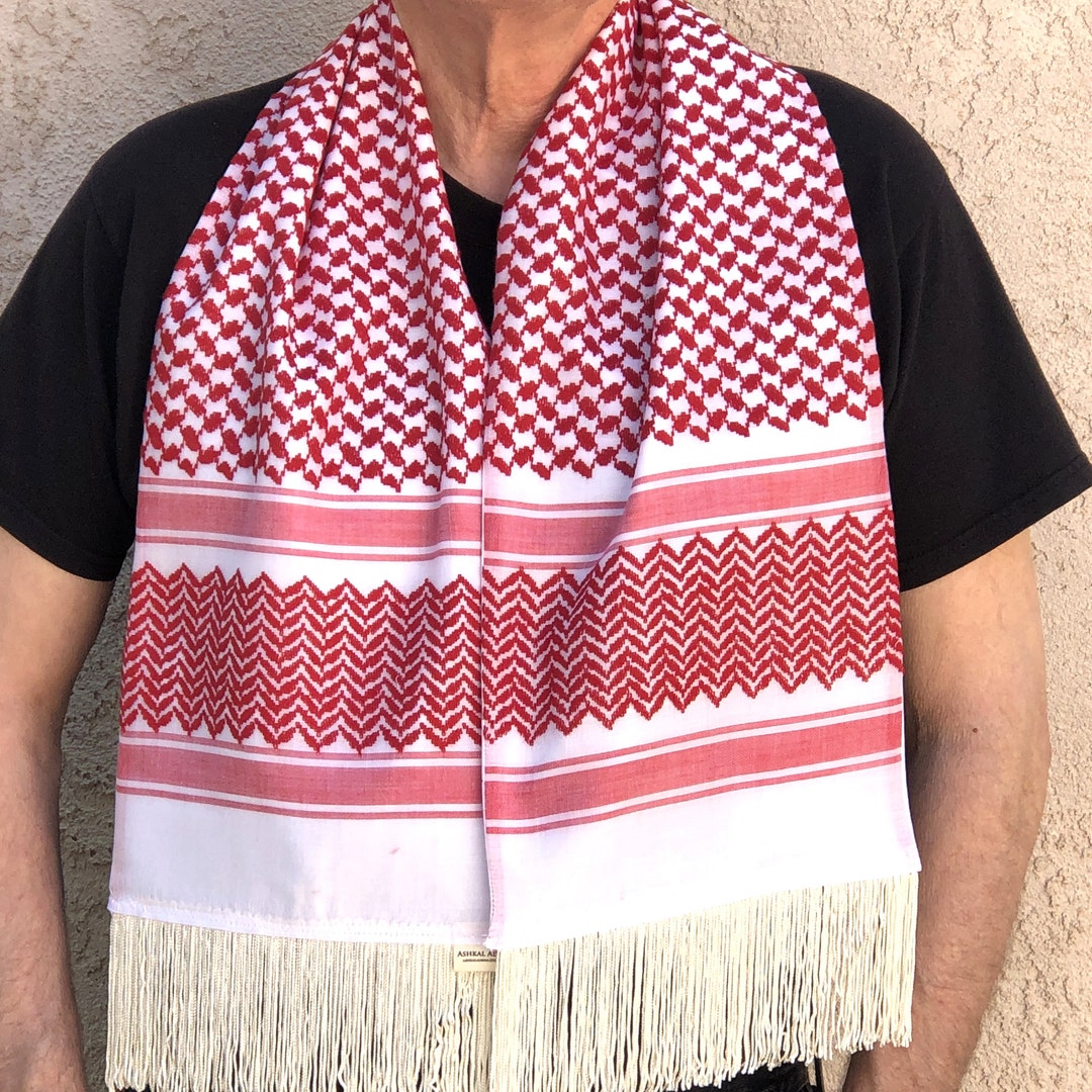 Middle Eastern Red and White Keffiyeh Scarf; Shemagh Fringed Scarf ...