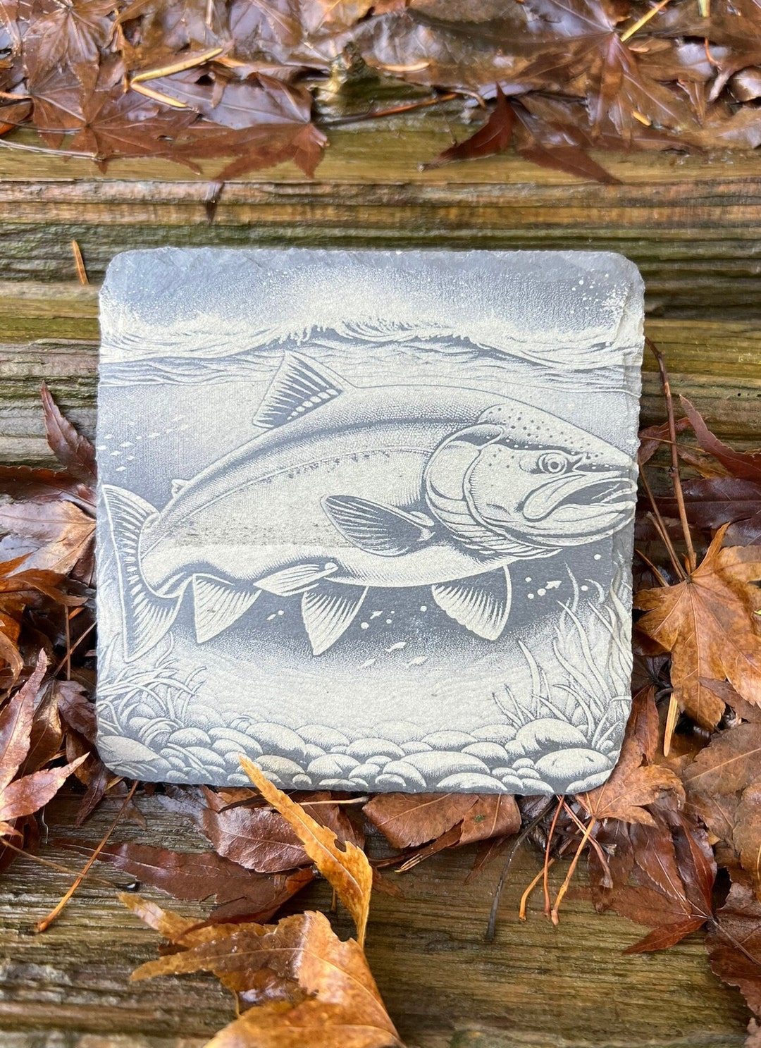 Laser Etched Salmon Scene on Square Stone Slate Coaster Set of 4 by ...