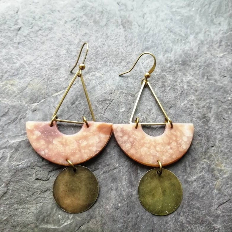 Handmade Tortoise Polymer Clay Dangle Earrings: Geometric Brass Charms ...