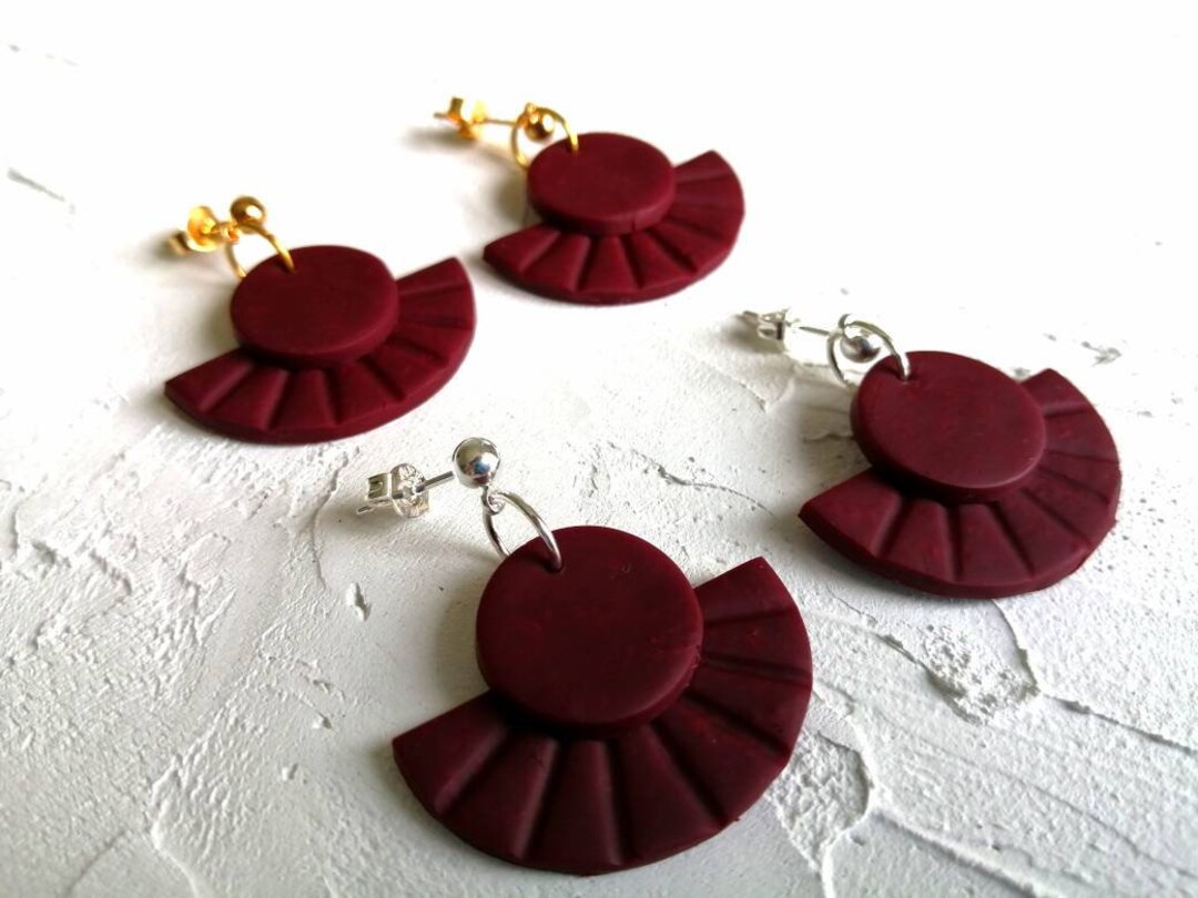 Crimson Clay Fan Earrings, Dark Red Statement Jewelry - Etsy UK