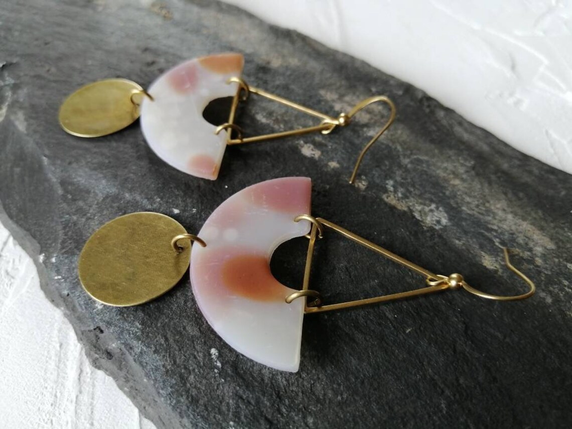 Handmade Tortoise Polymer Clay Dangle Earrings: Geometric Brass Charms ...
