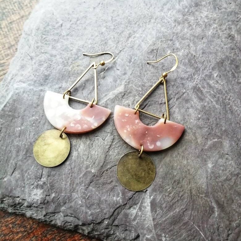 Handmade Tortoise Polymer Clay Dangle Earrings: Geometric Brass Charms ...