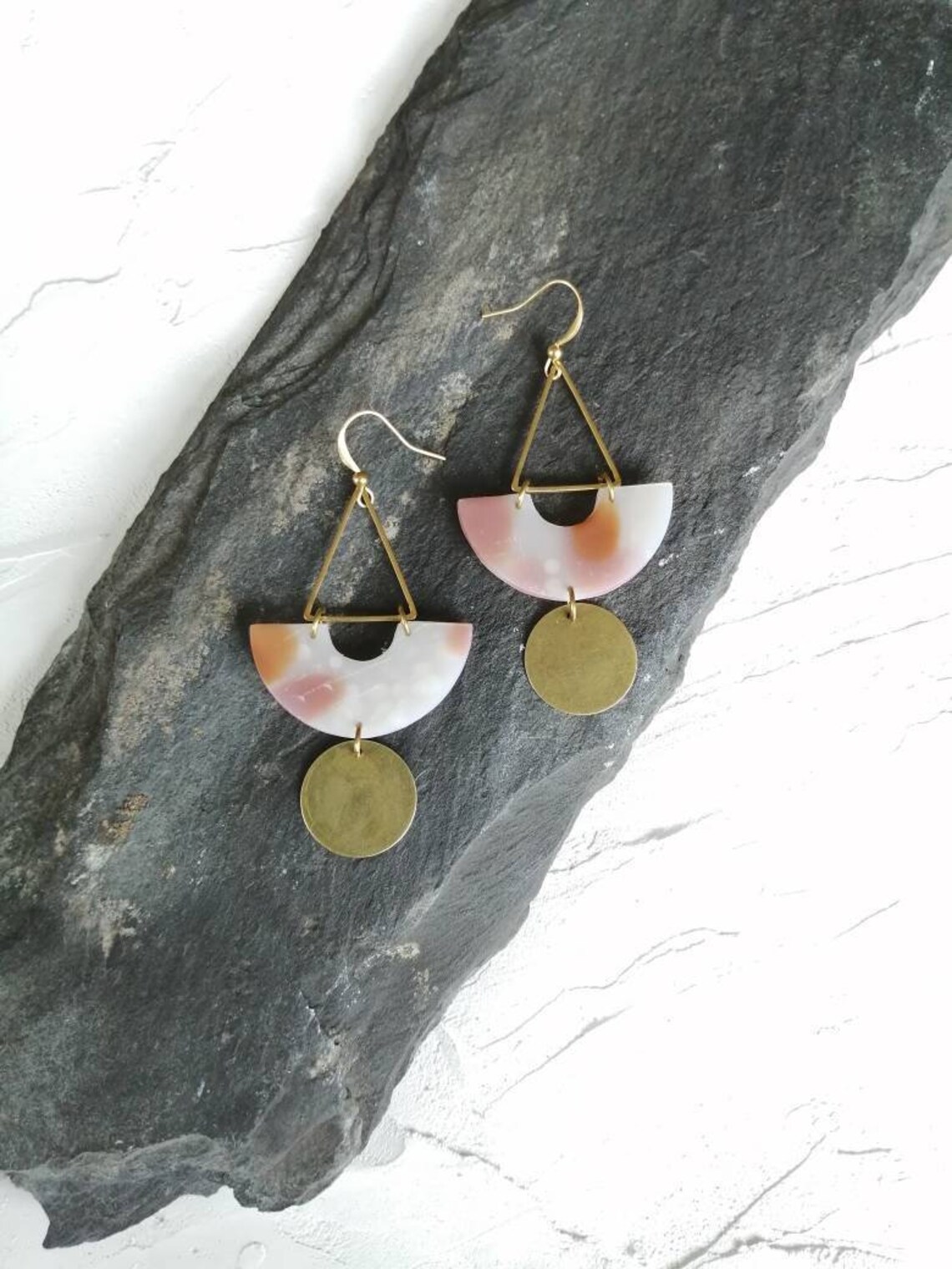 Handmade Tortoise Polymer Clay Dangle Earrings: Geometric Brass Charms ...