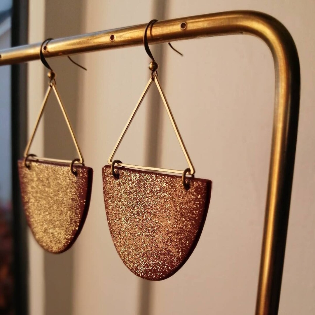Handmade Crimson Red Glitter Polymer Clay Earrings: Brass Triangle ...