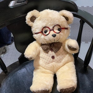 RARE Teddy Bear Soft Beige Plush GIFT Celebrate eyewear Classy Vest Bow Tie Glasses Made in Taiwan 11 Dressed up Classic Stuffed Animal