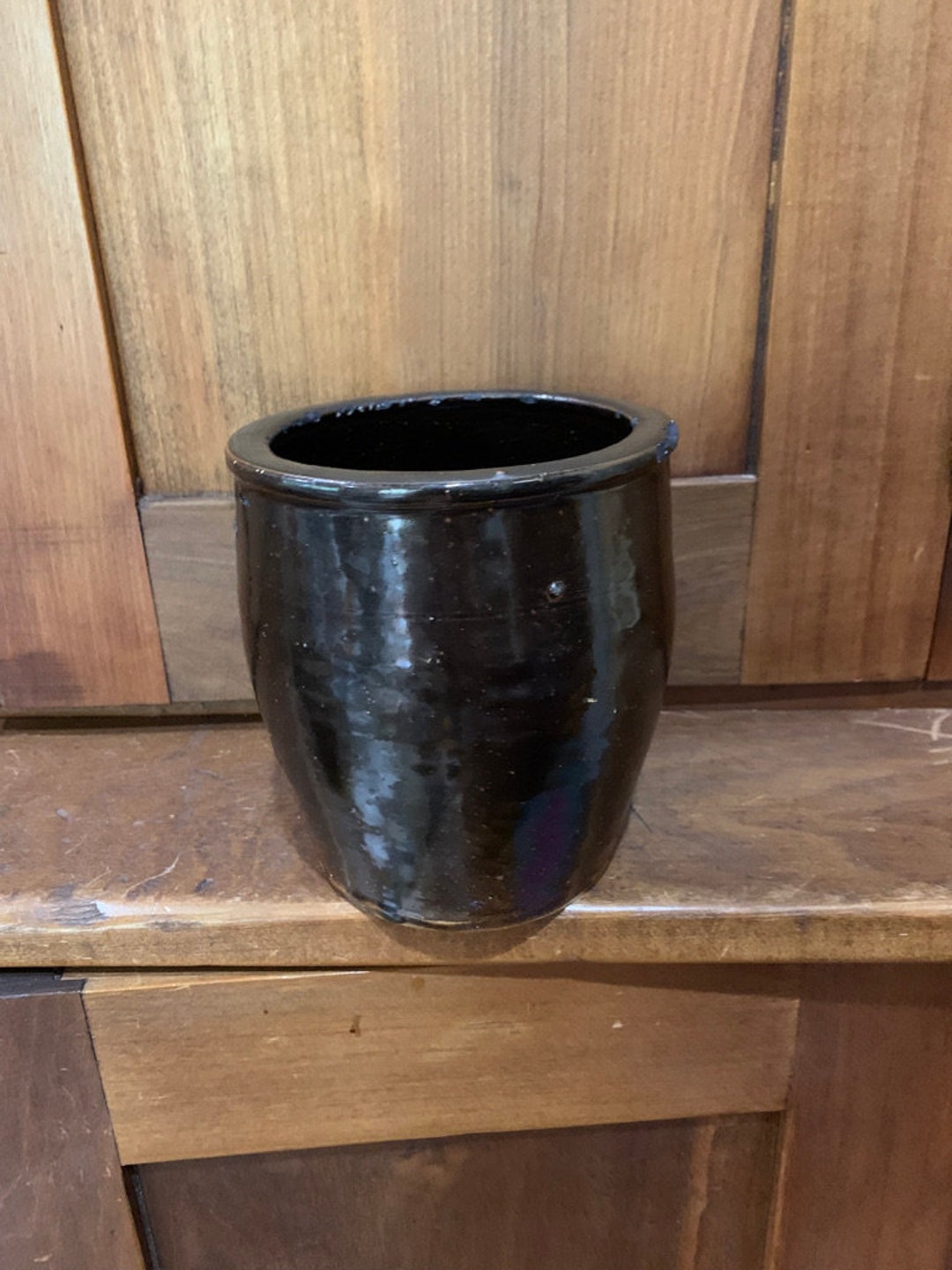 Antique CROCK GLAZED BROWN Jar Random Bumps Shiny Unique Glaze Bottom ...