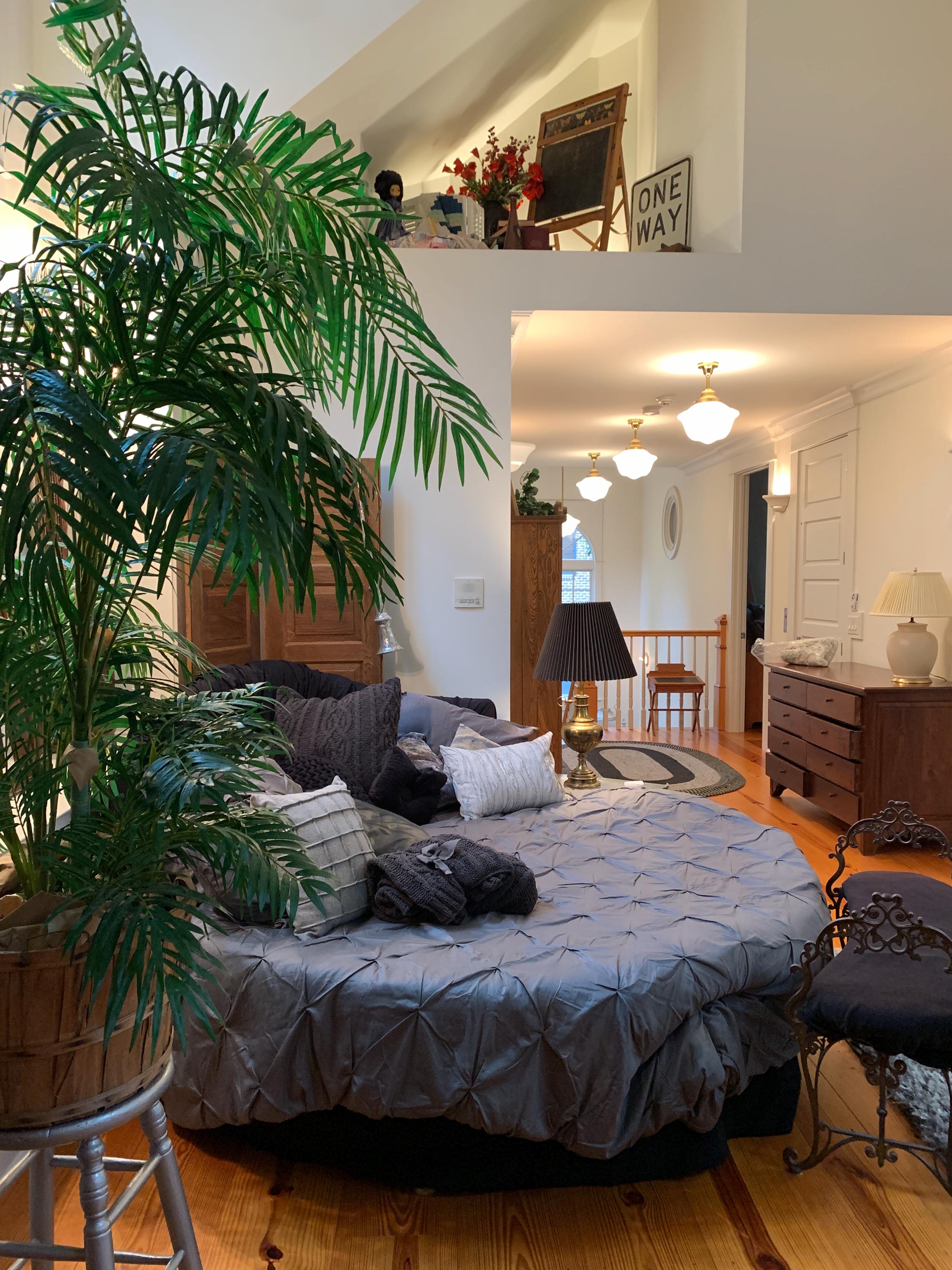 RARE Round Bed Frame and Headboard W Black Cover and Quilted Gray ...