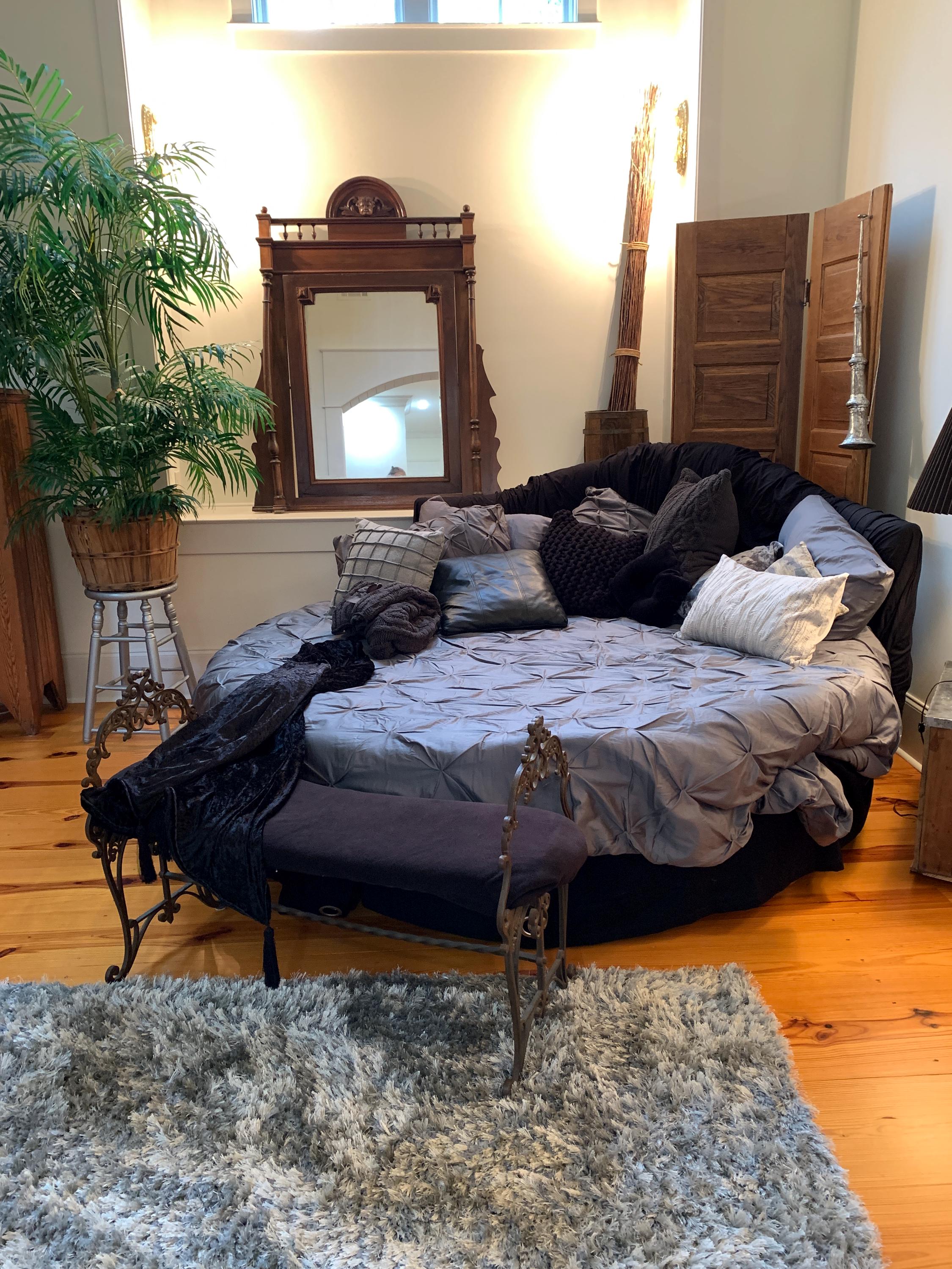 RARE Round Bed Frame and Headboard W Black Cover and Quilted Gray ...