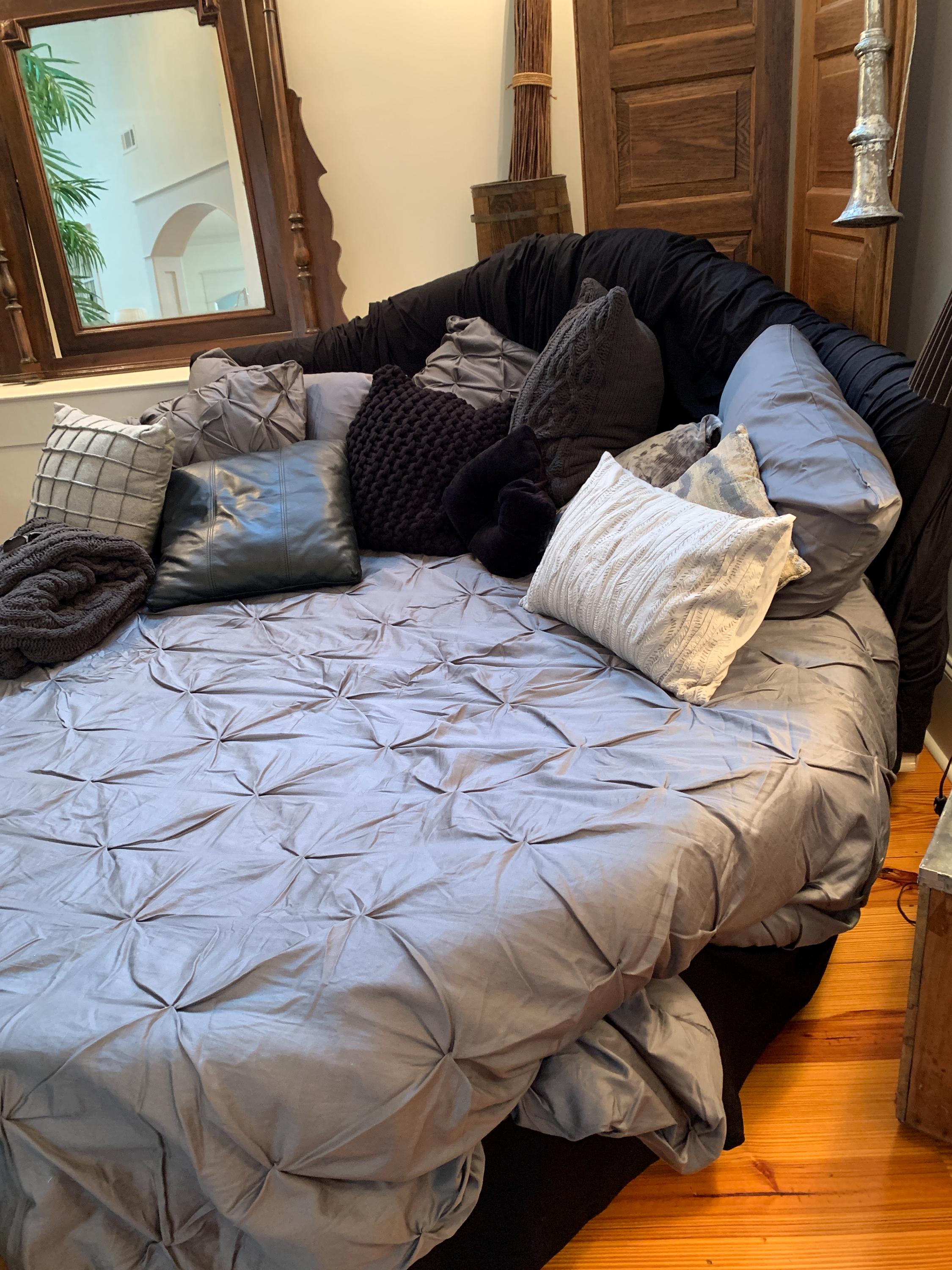 RARE Round Bed Frame and Headboard W Black Cover and Quilted Gray ...