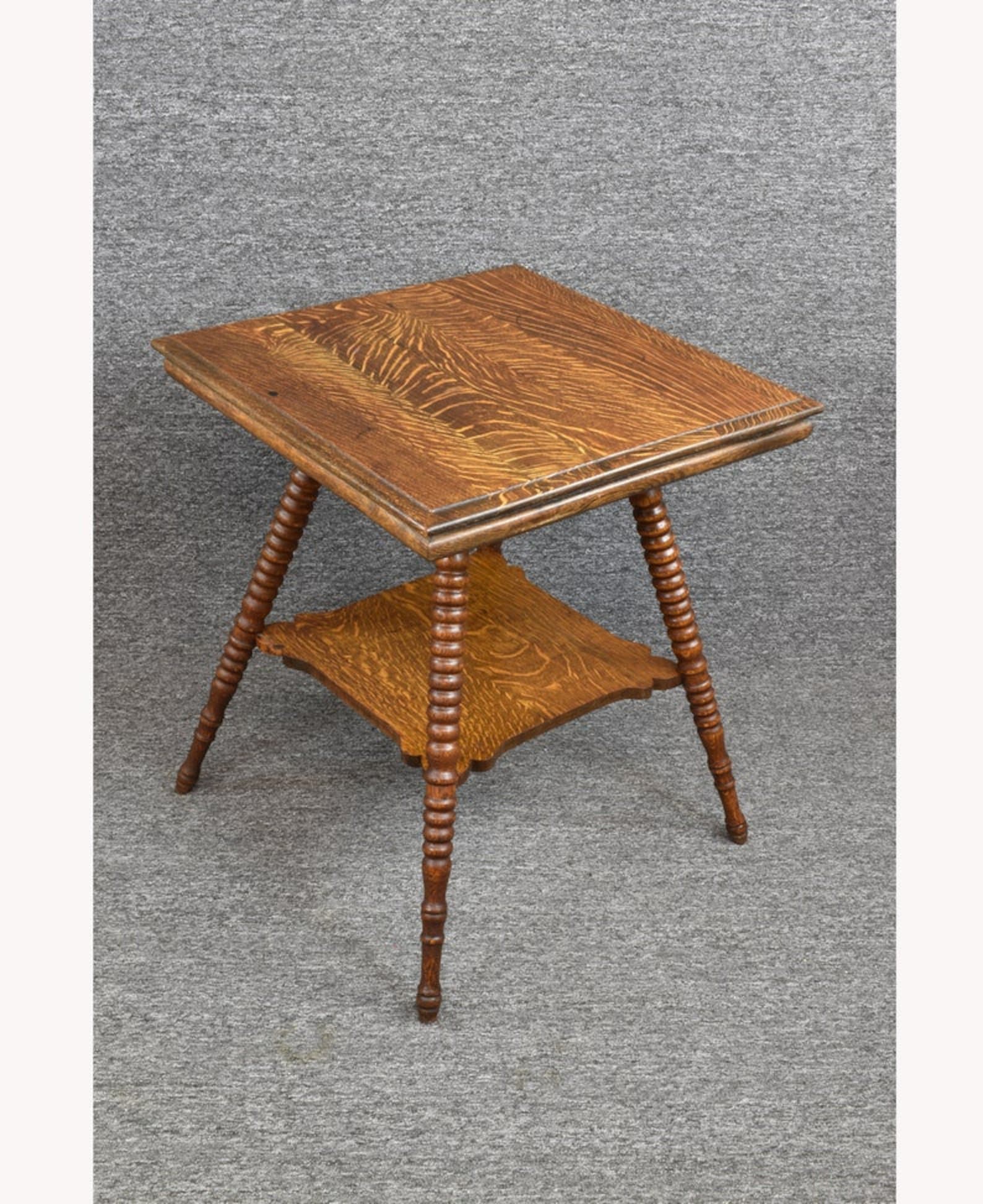 1940s Tiger Oak Parlor Table Two-tier Square Quarter Sawn Bobbin Legs ...