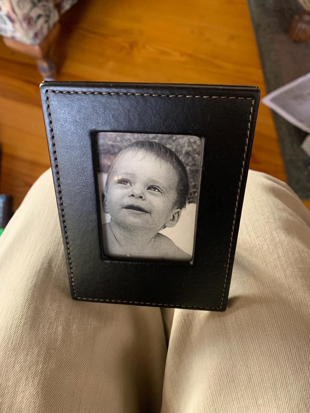 EASEL Leather Little FRAME W Glass W Stitching Gift Unused Vintage 3 1/ ...