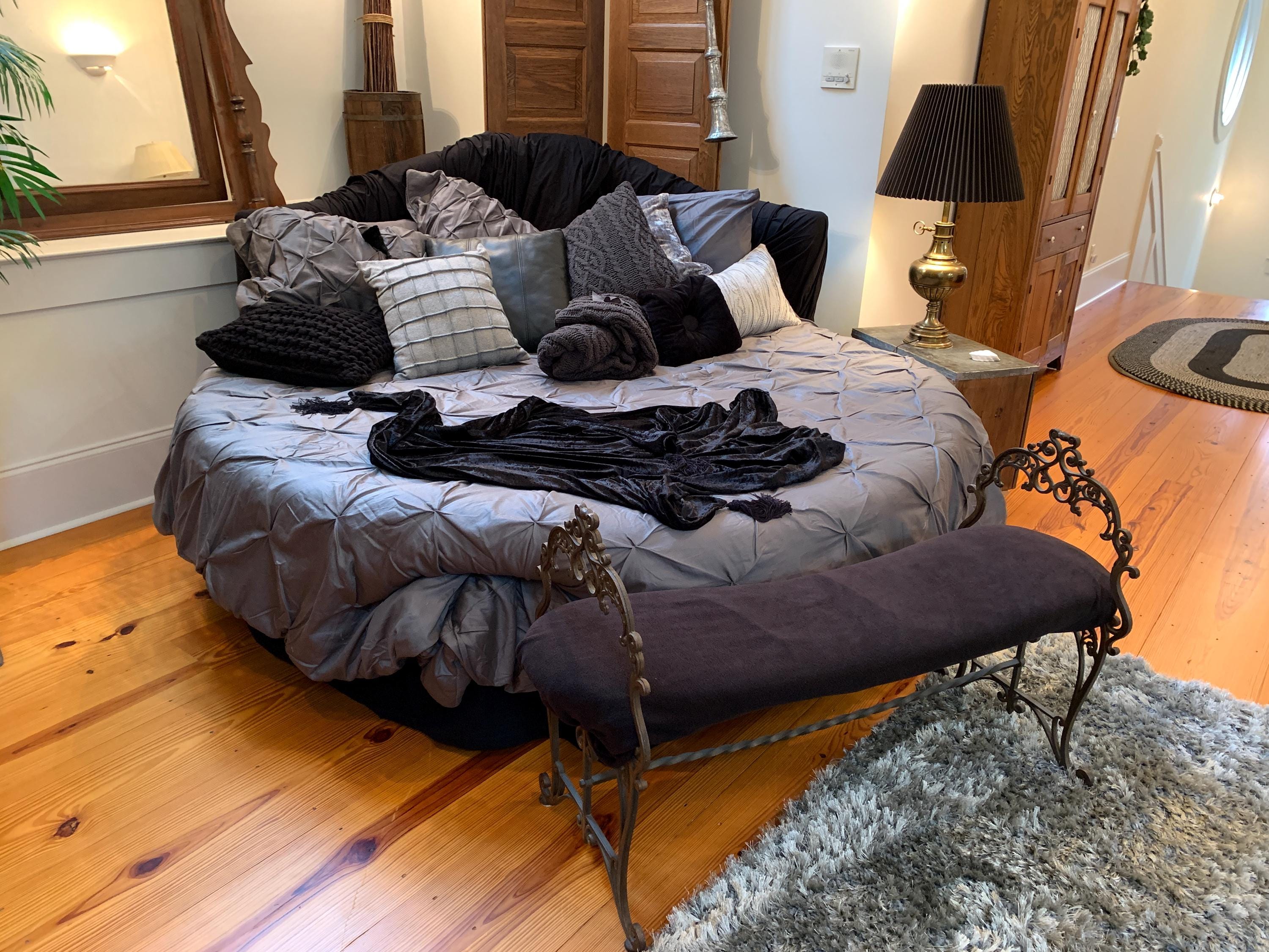 RARE Round Bed Frame and Headboard W Black Cover and Quilted Gray ...