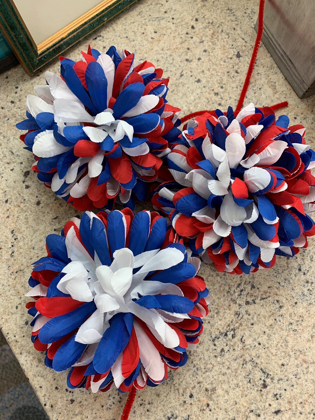 Rare VTG 7" POM POMS Set 3 July 4th Decor Floral Look Artificial Silk ...