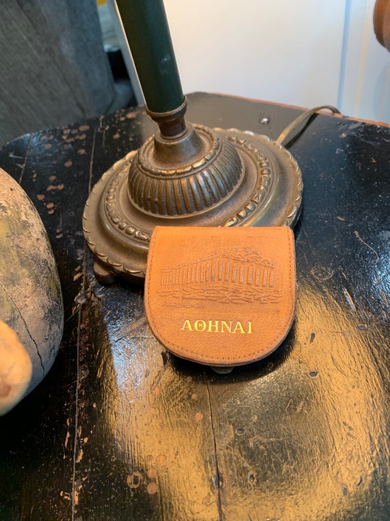 RARE 60s Greek Leather Branded Money Coin Pouch Bag H… - Gem