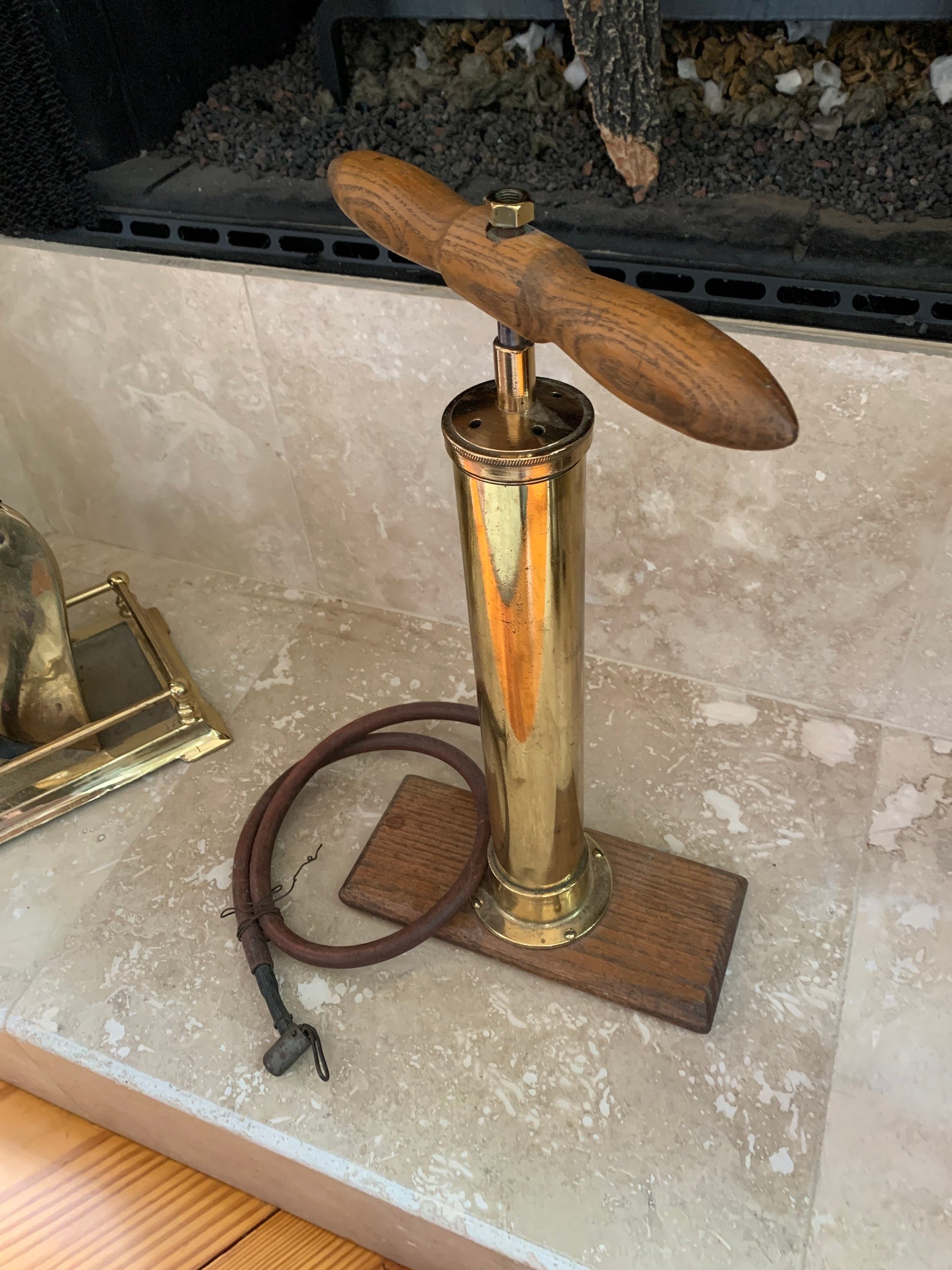 RARE Antique Tire Pump Brass & Golden Oak Solid Wooden Handle and Base ...