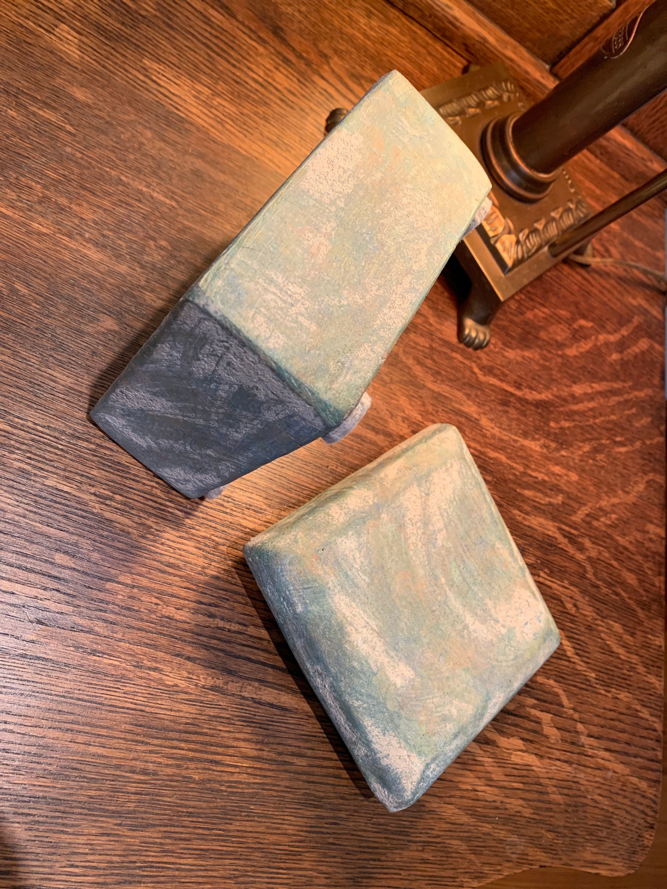 Lidded Ceramic Square Box Vintage Flat Teal-ish W Lt Gold & Cream Swirl ...