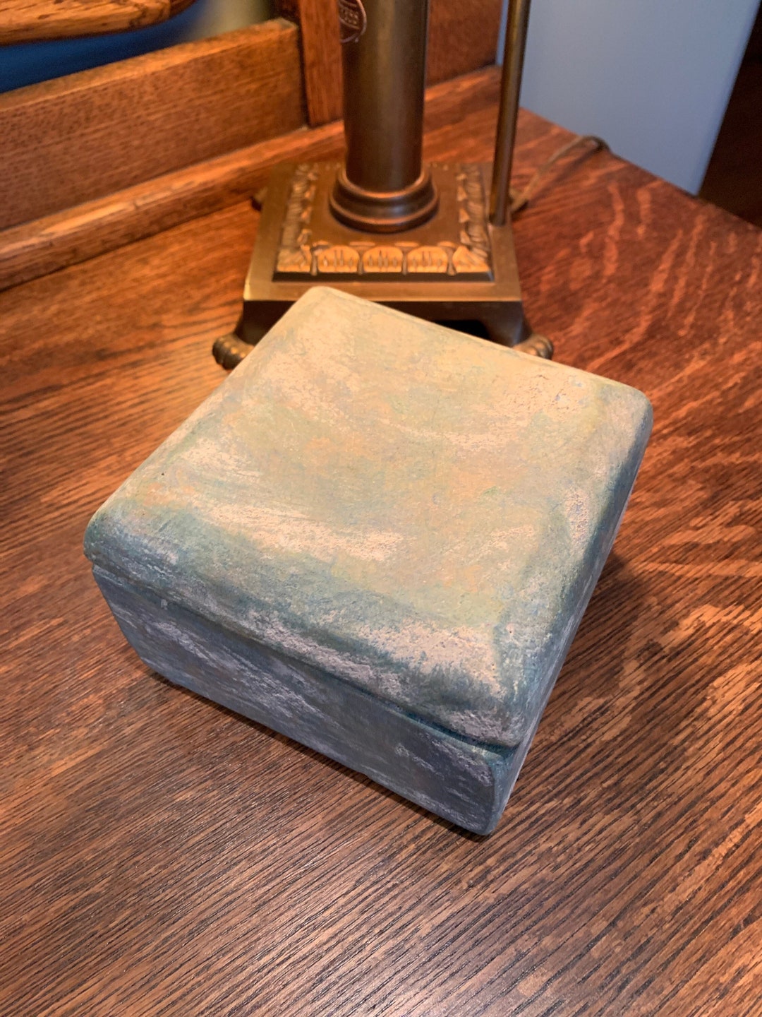 Lidded Ceramic Square Box Vintage Flat Teal-ish W Lt Gold & Cream Swirl ...