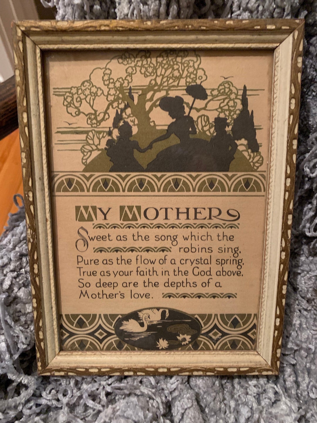 30s MY MOTHER Poem Framed BUZZA Motto Vintage Silhouettes Swans Mother ...