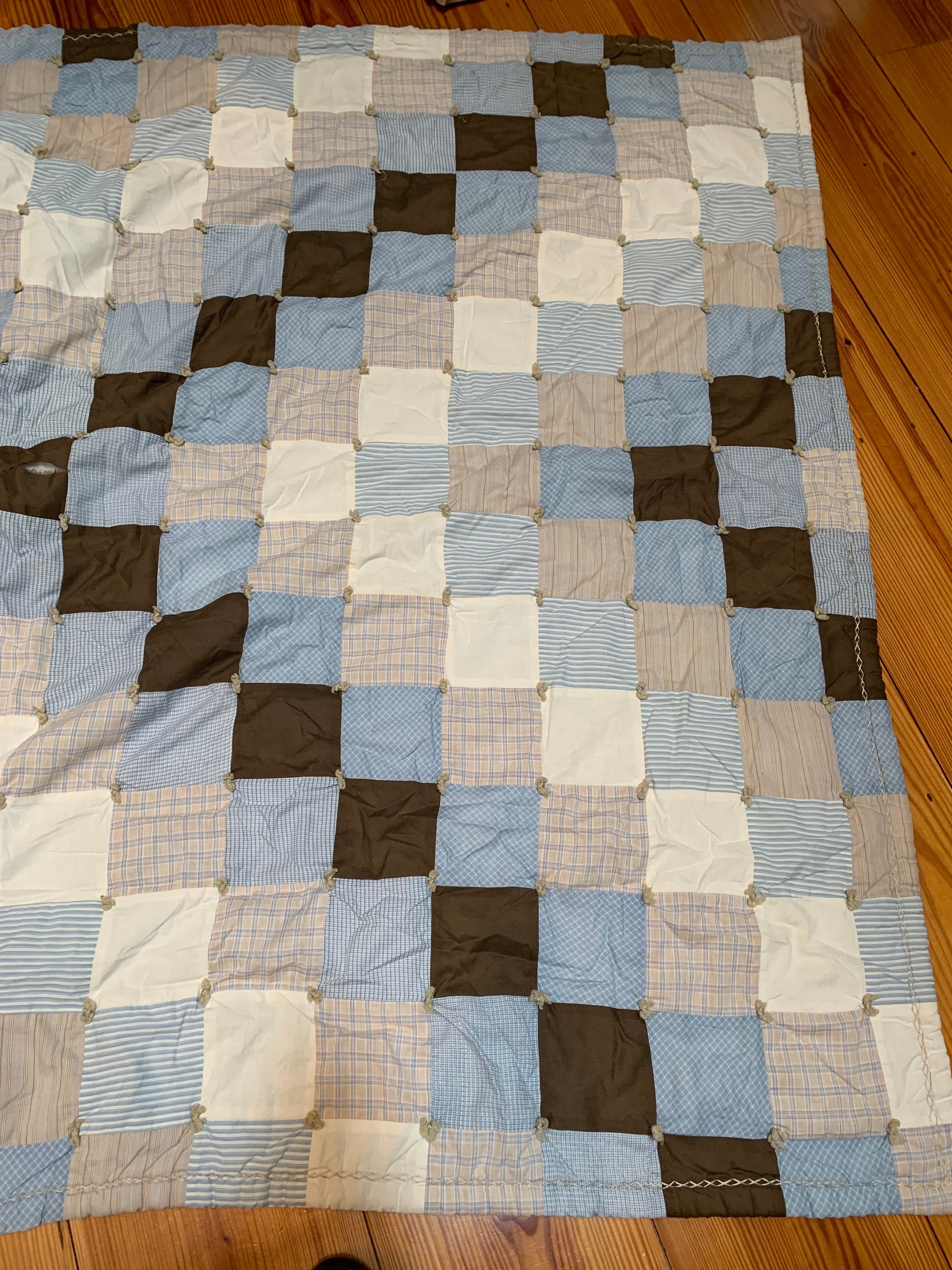 Vintage PATCHWORK QUILT Coverlet HANDMADE Geometric Blue Brown Cream ...